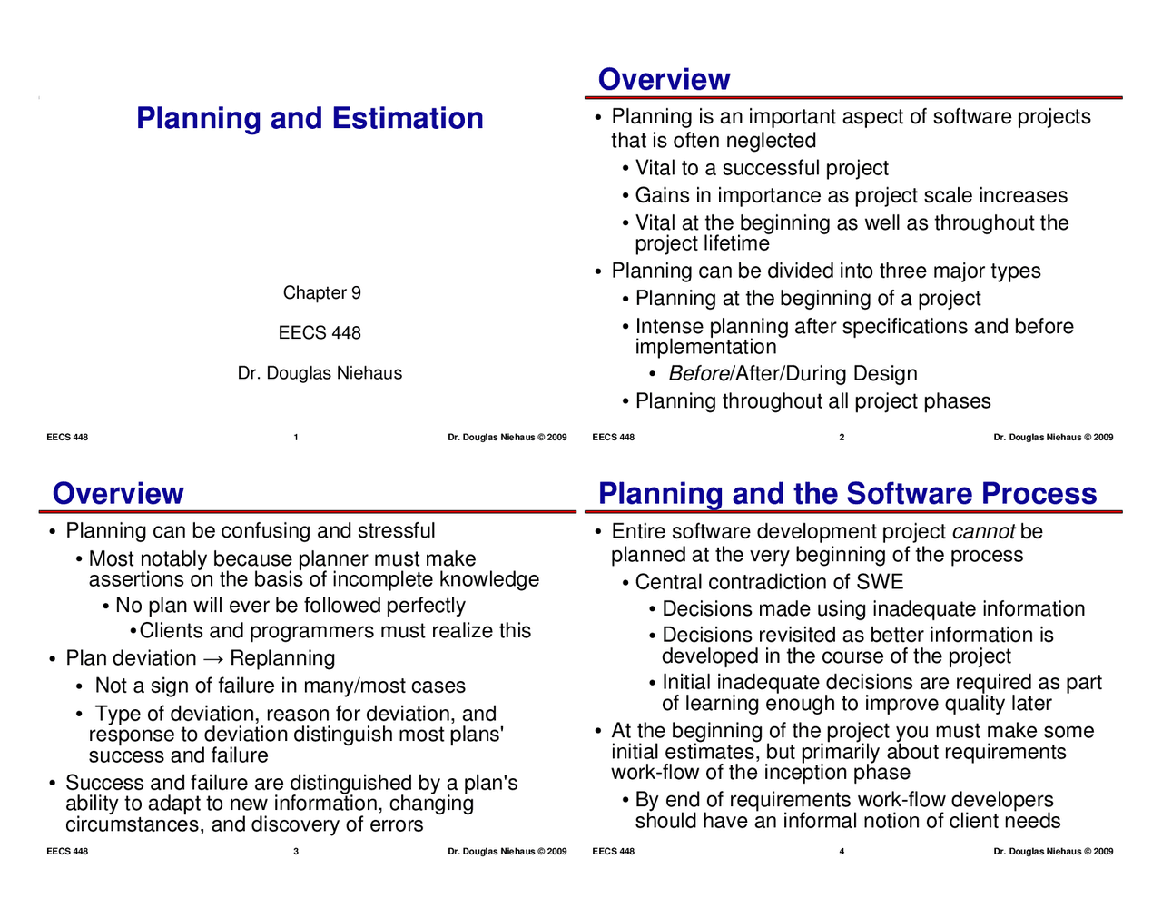 Planning and Estimation in Software Engineering l - Lecture Slides | EECS 448 - Docsity