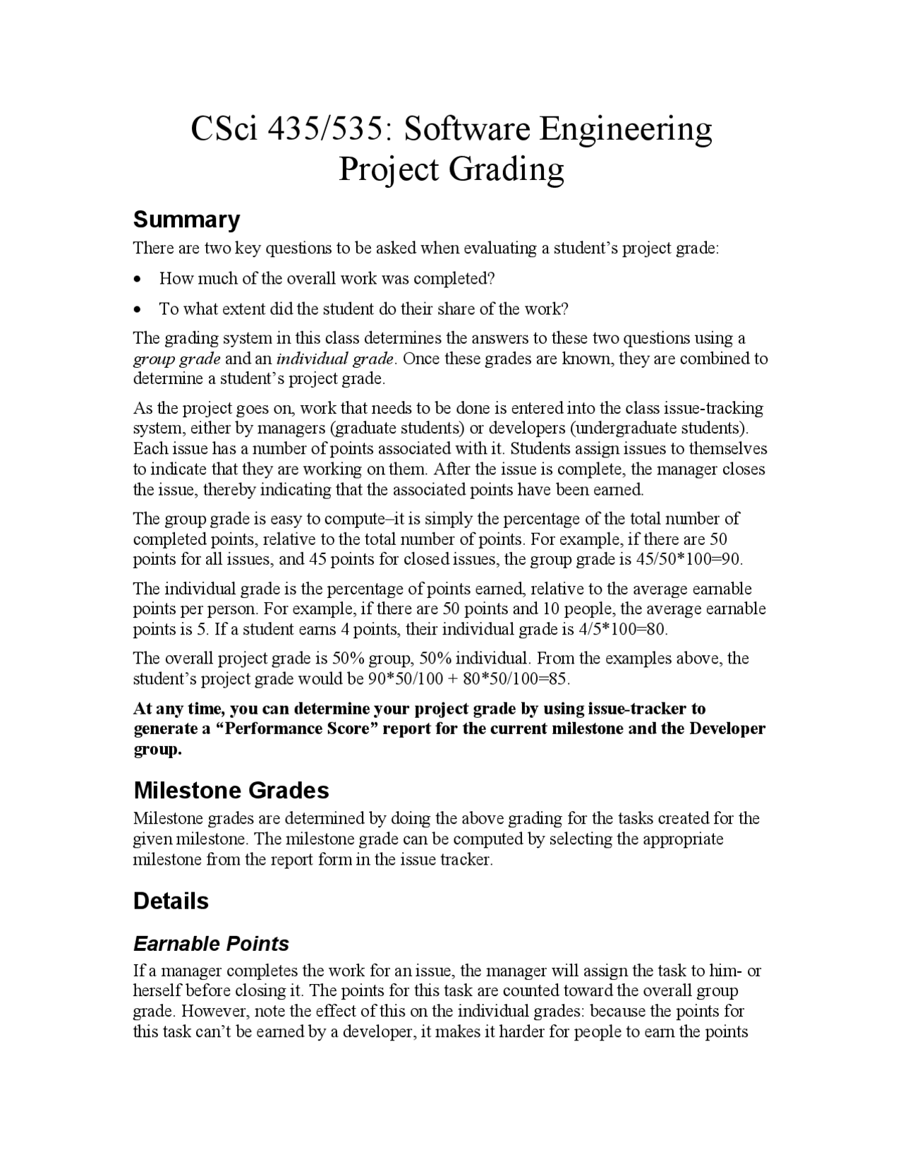 Project Grading For Software Engineering Csci 435 Docsity