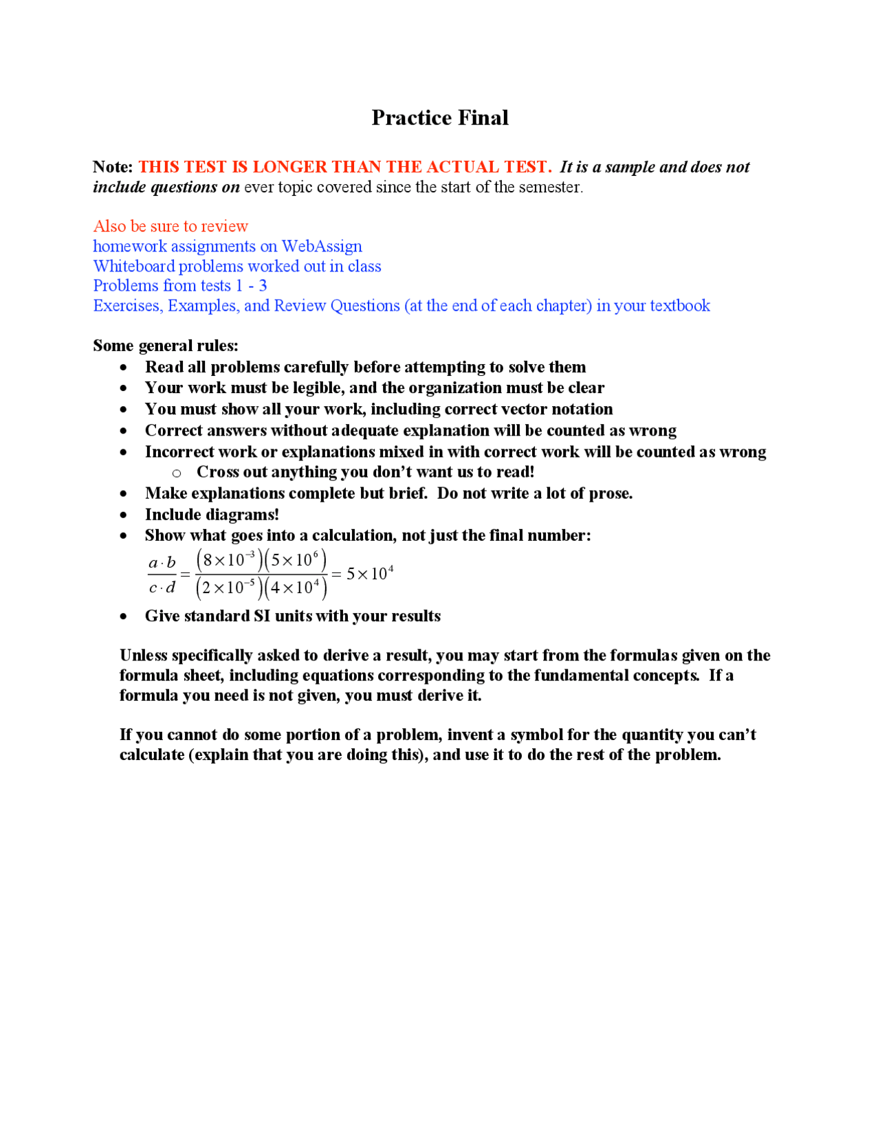 Practice Problems for Final - Introduction to Physics Science and ...