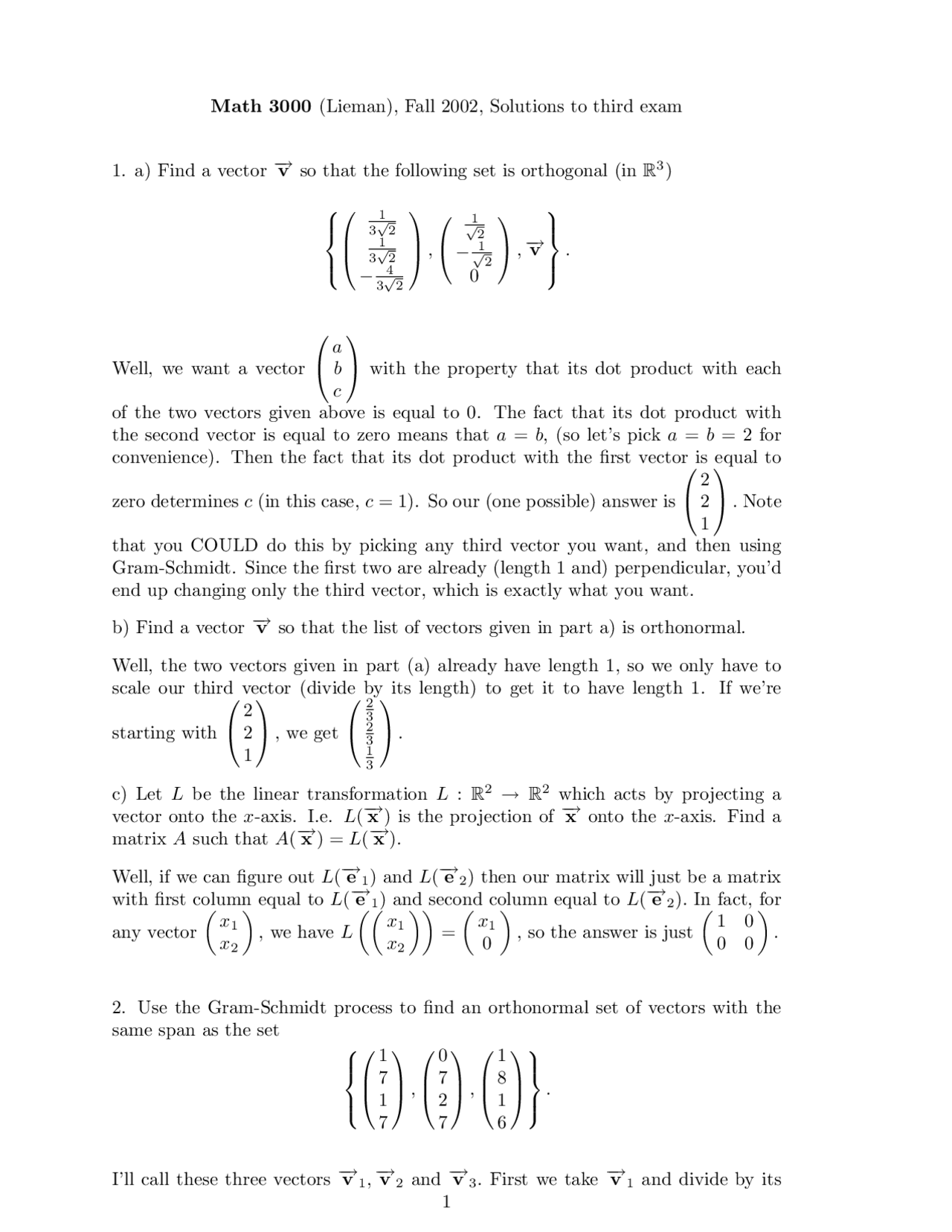 Solutions to Third Exam - Introduction to Linear Algebra | MATH 3000 ...