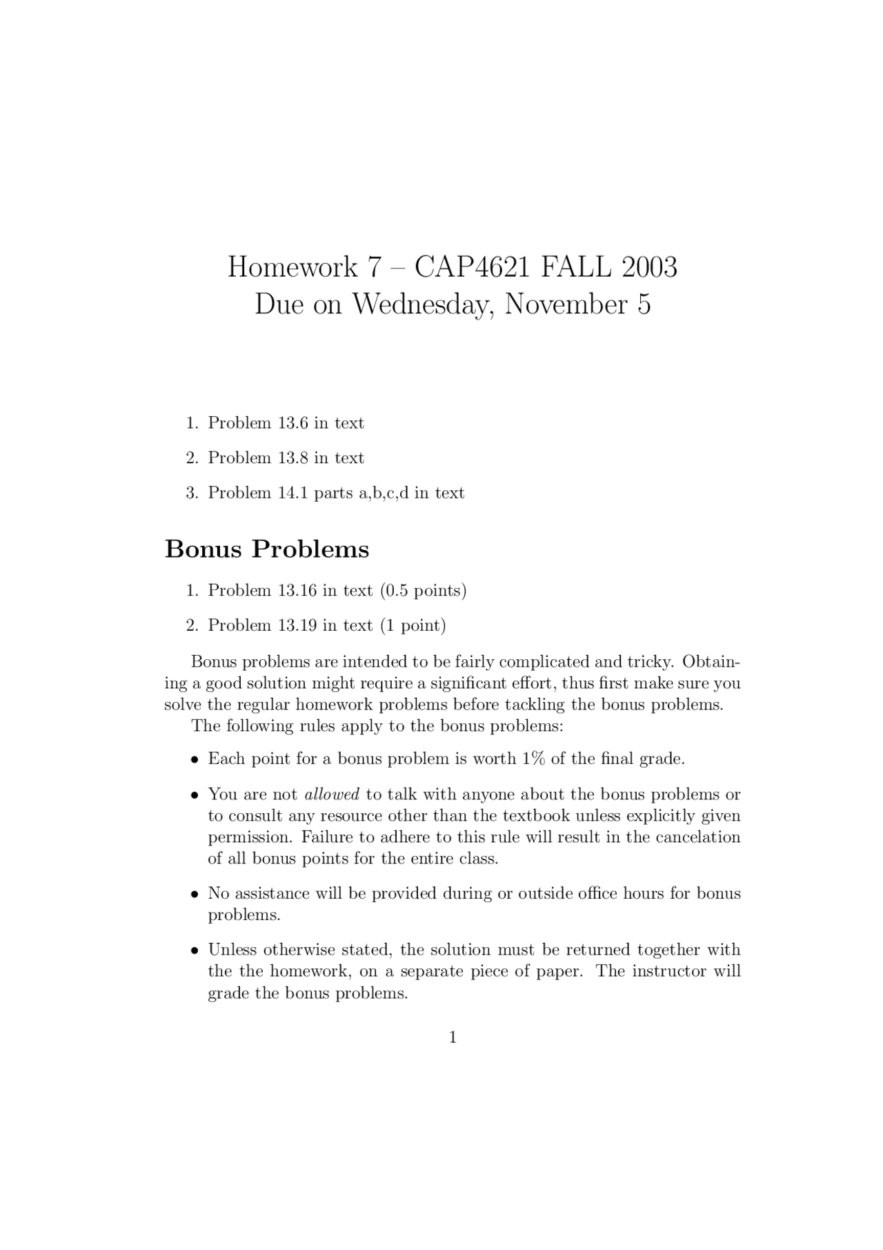 Homework 7 For Artificial Intelligence Fall 2003 Cap 4621 Docsity