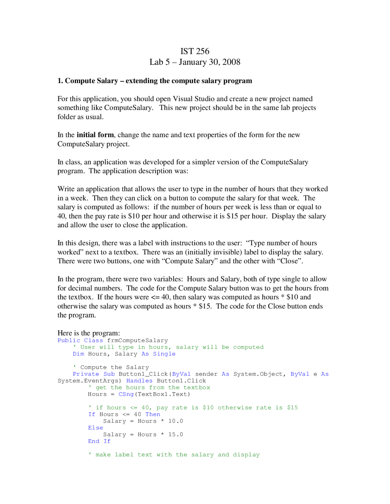 Lab 5 Compute Salary Extending The Compute Salary Program Ist 256 Docsity