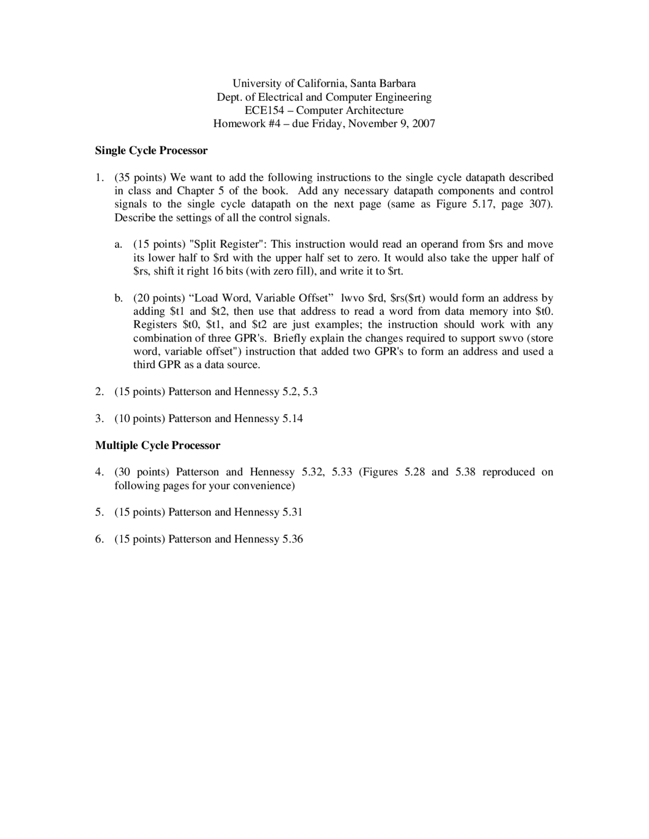 Single Cycle Processor Homework 4 Ece 154 Docsity 