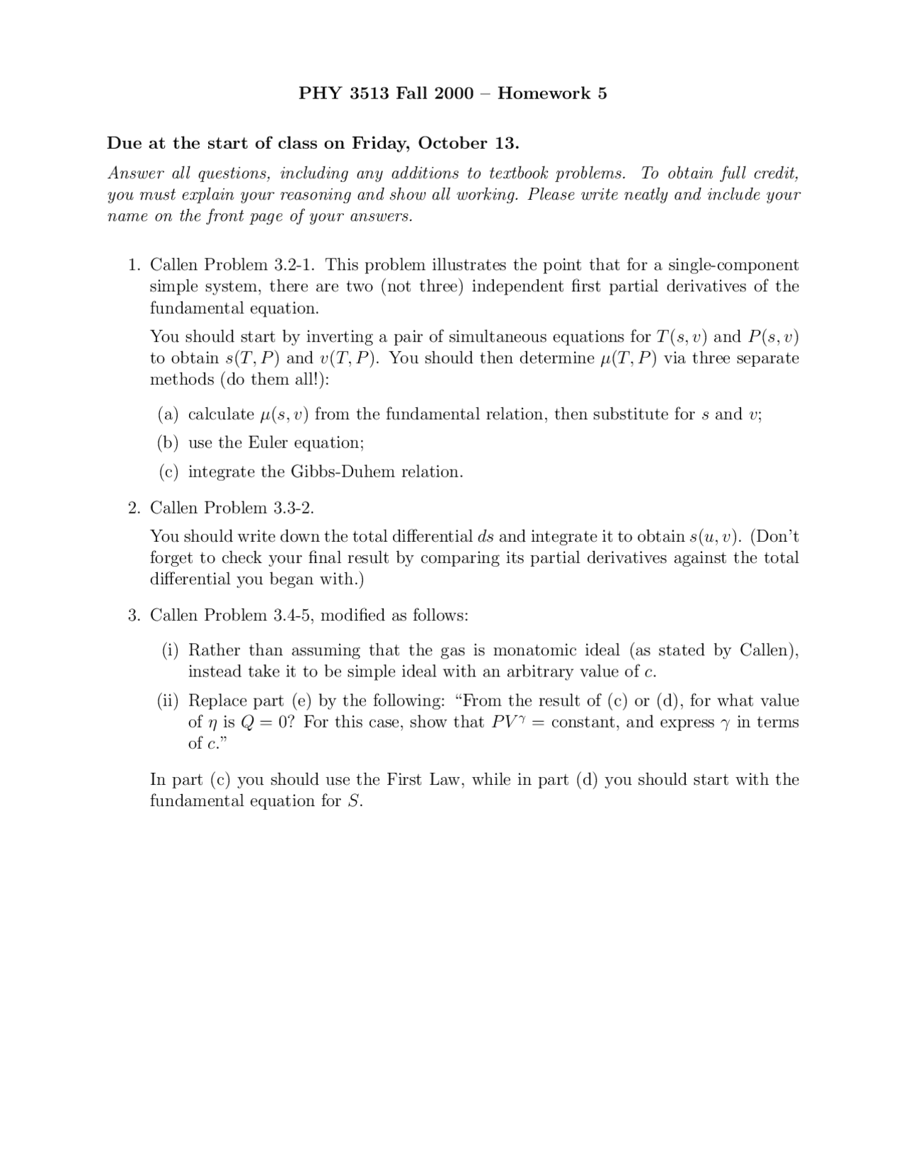 Practice Homework 5 - Thermal Physics | PHY 3513 - Docsity