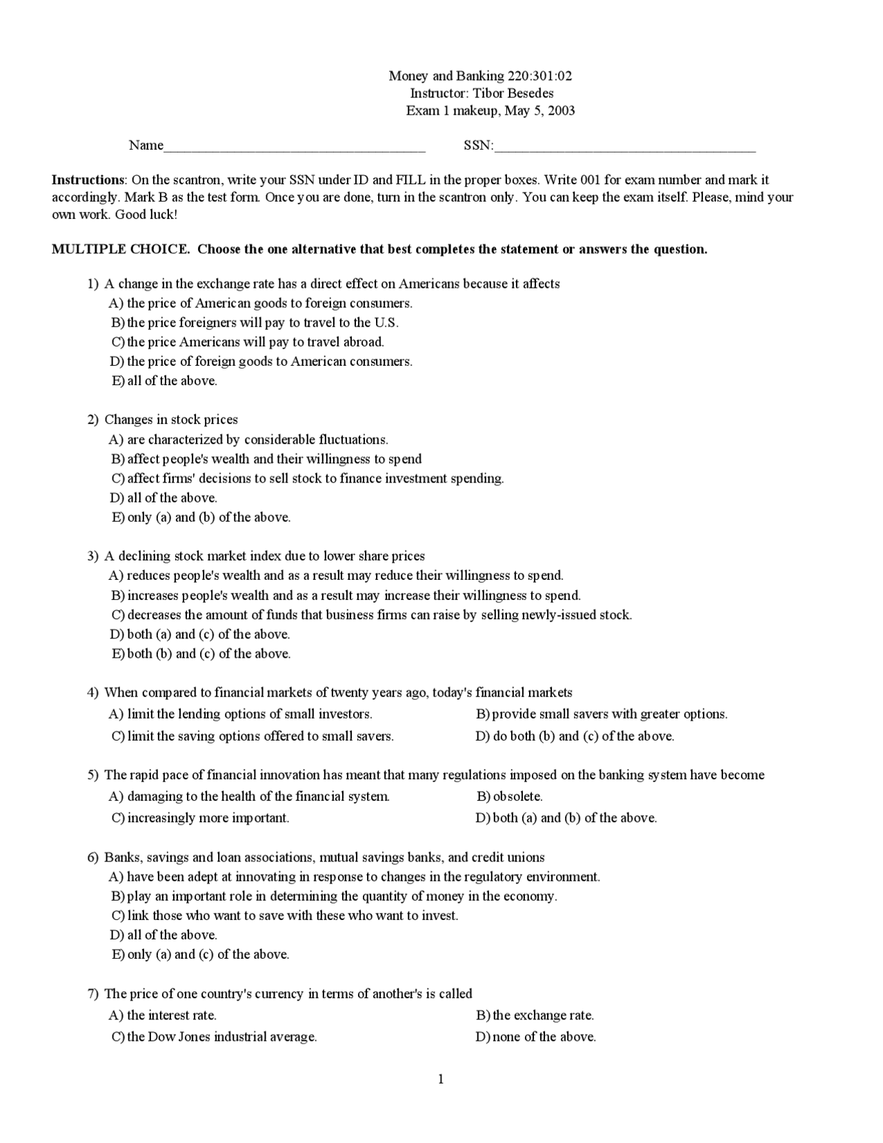Money and Banking - Exam 1 Questions | 220 301 | Exams Banking and ...