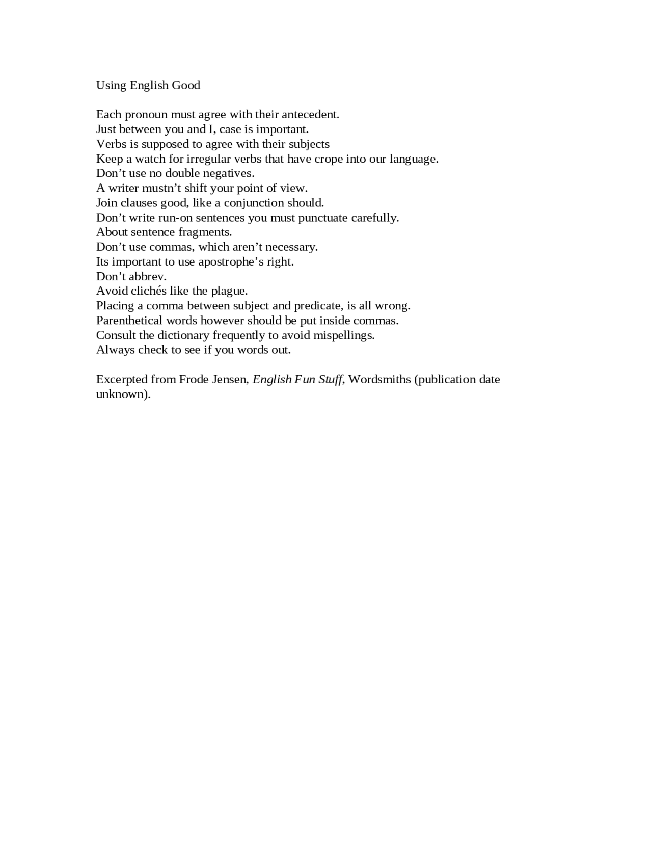 Using English Good - English Fun Stuff - Handout | ECE 599 - Docsity