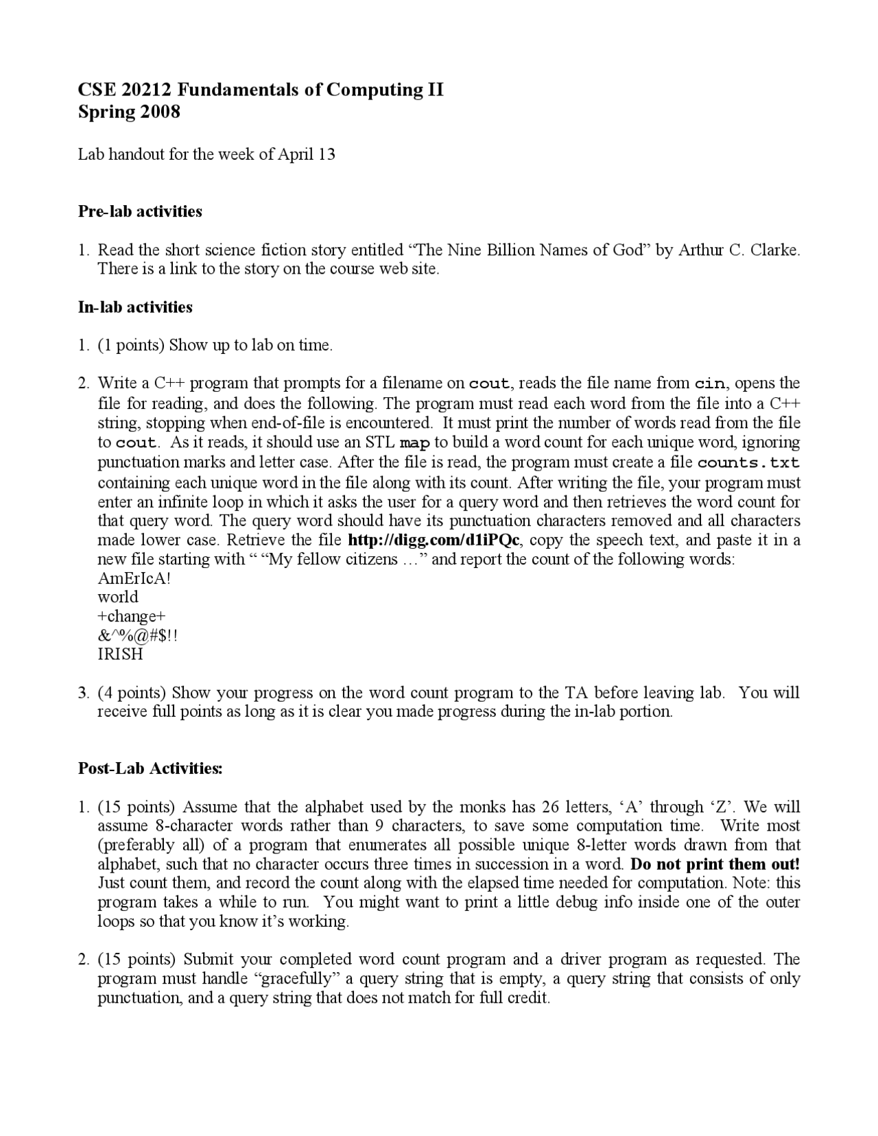 Lab Handout Fundamentals Of Computing Ii Cse 20212 Docsity