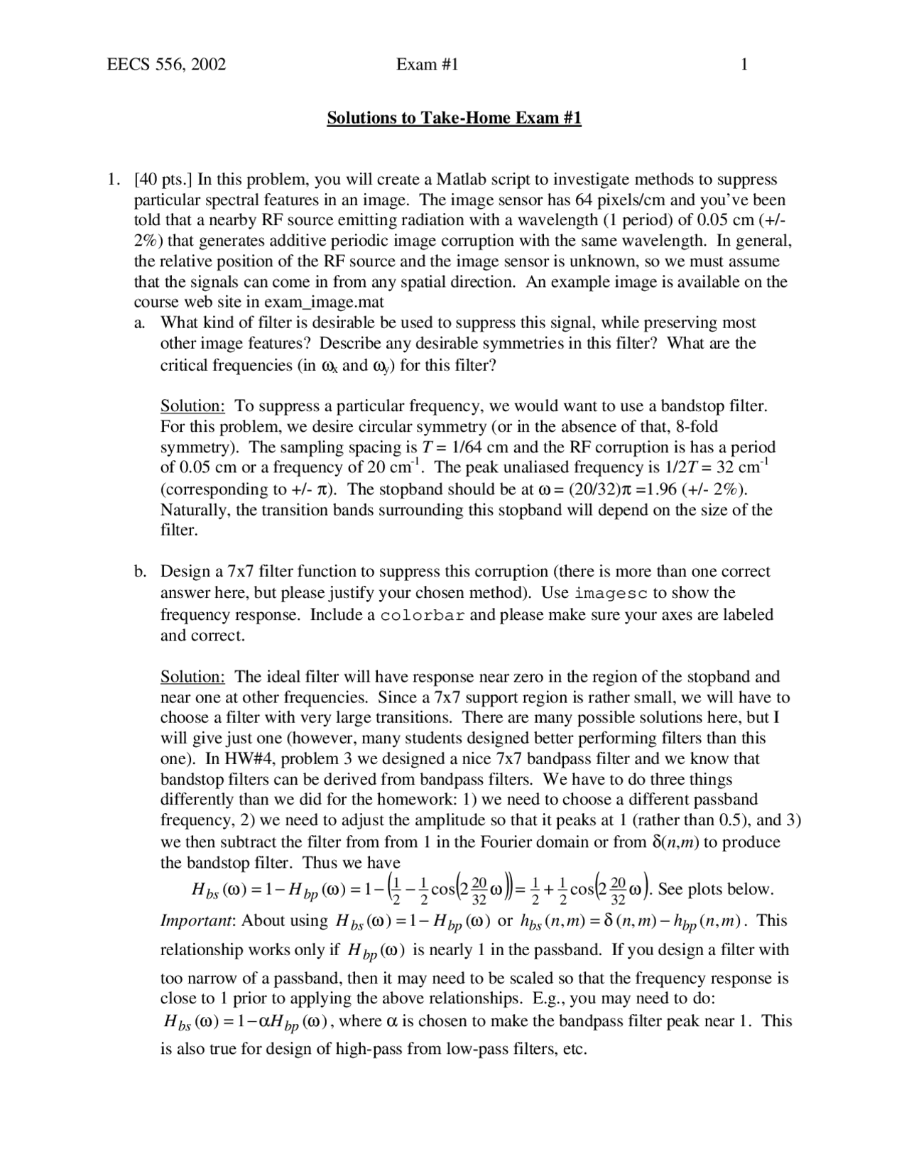 Exam 1 Solutions Image Processing Eecs 556 Docsity