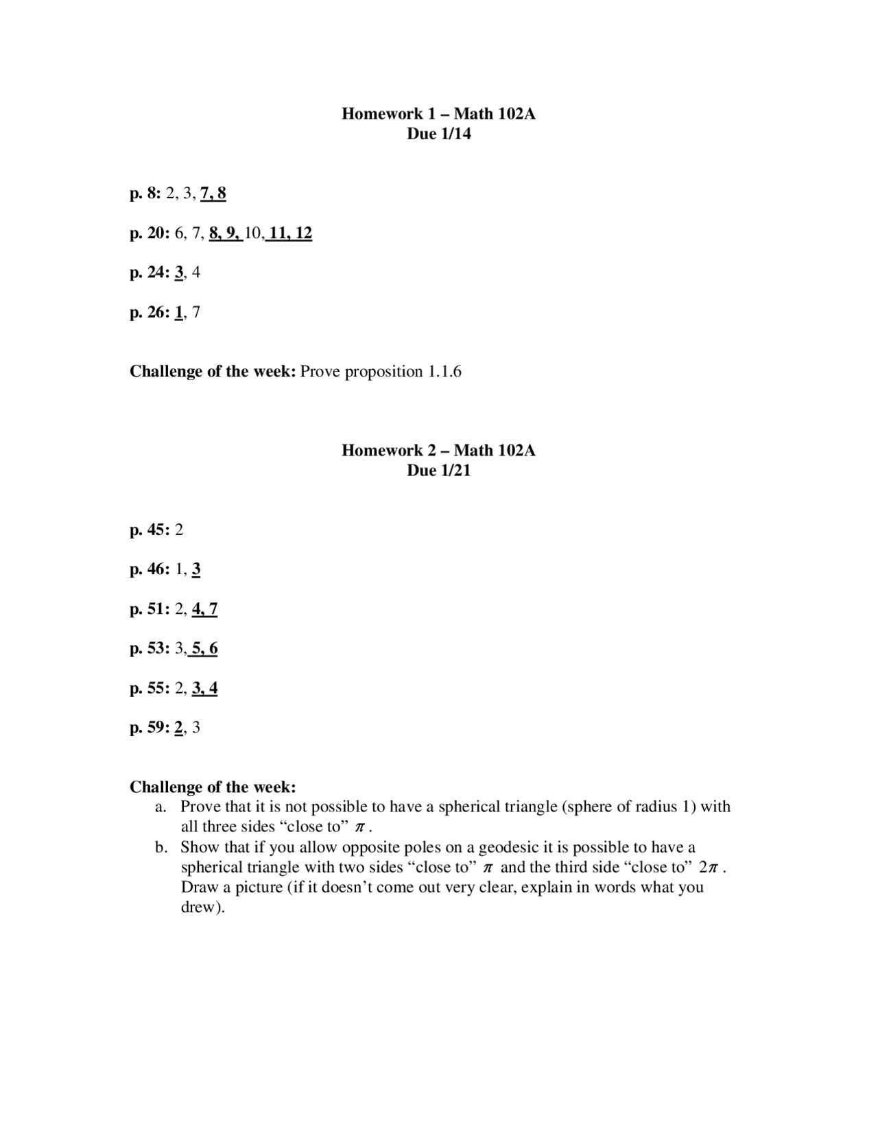 Homework For Modern Euclidean And Non Euclidean Geometry Math 102a