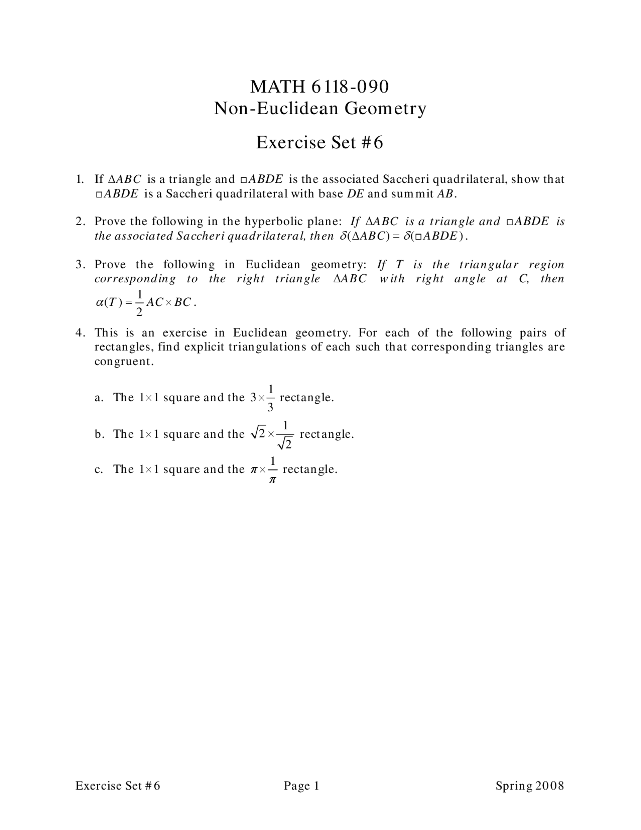 Assignment Set 6 Non Euclidean Geometry Math 6118 Docsity