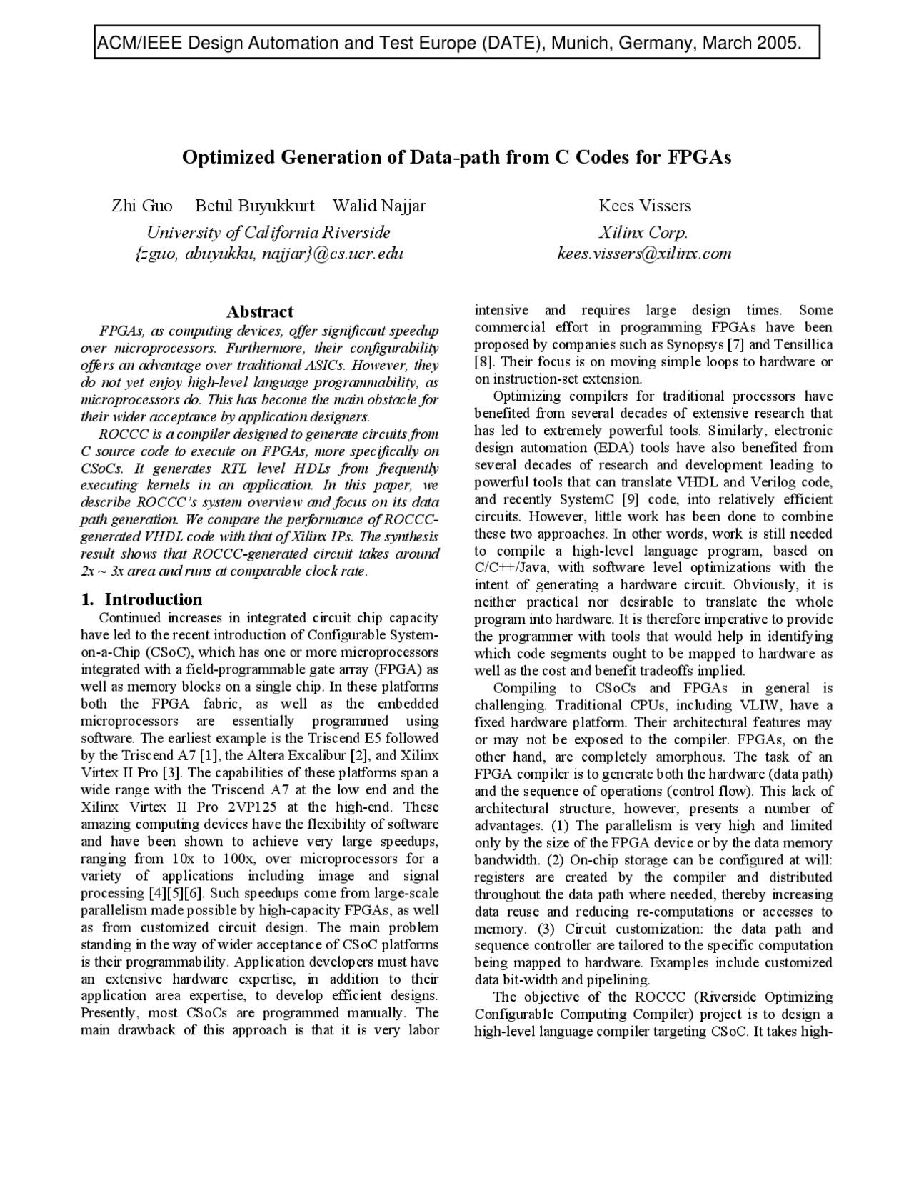 Optimized Generation Of Data Path From C Codes For Fpgas Eecs 700