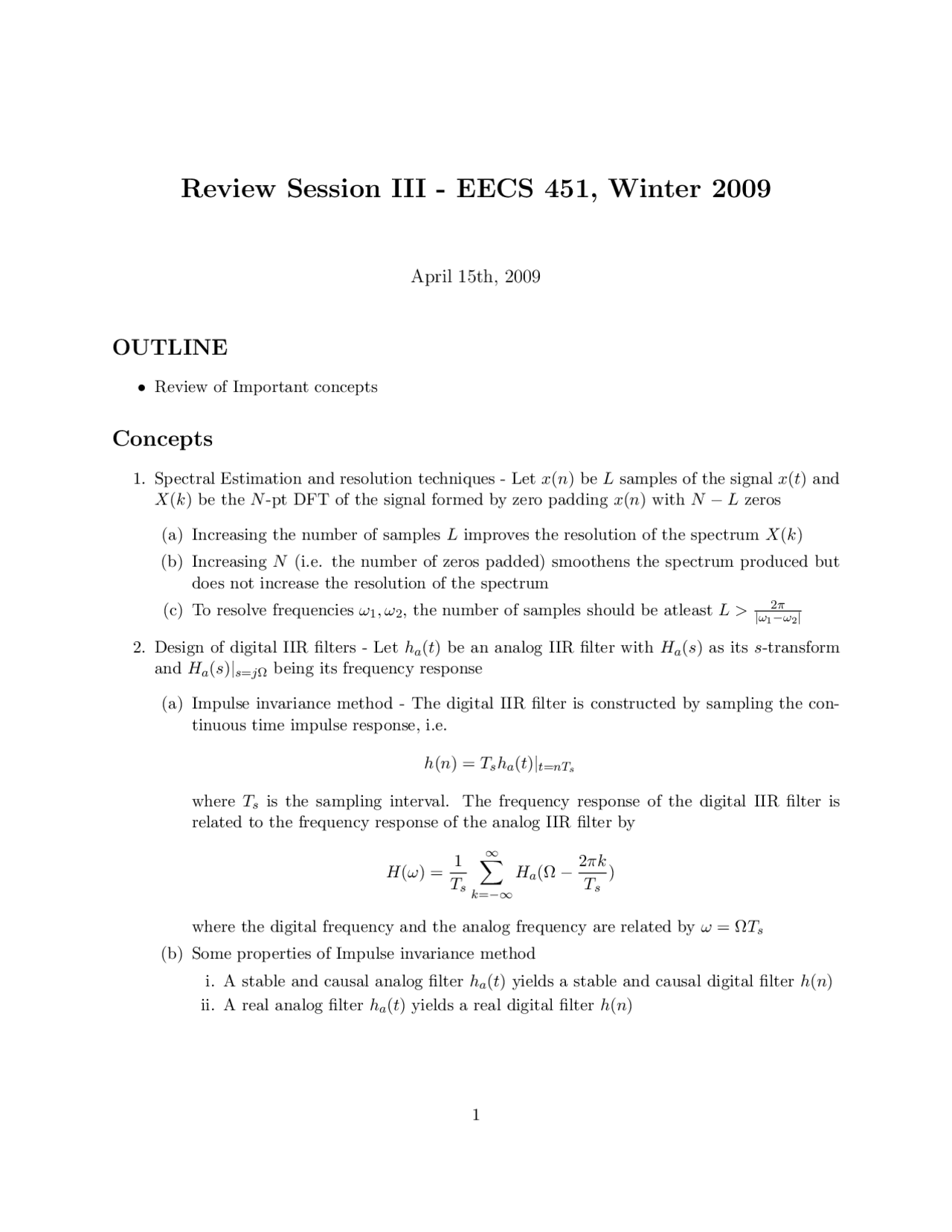 Spectral Estimation And Resolution Techniques Review Sheet Eecs 451