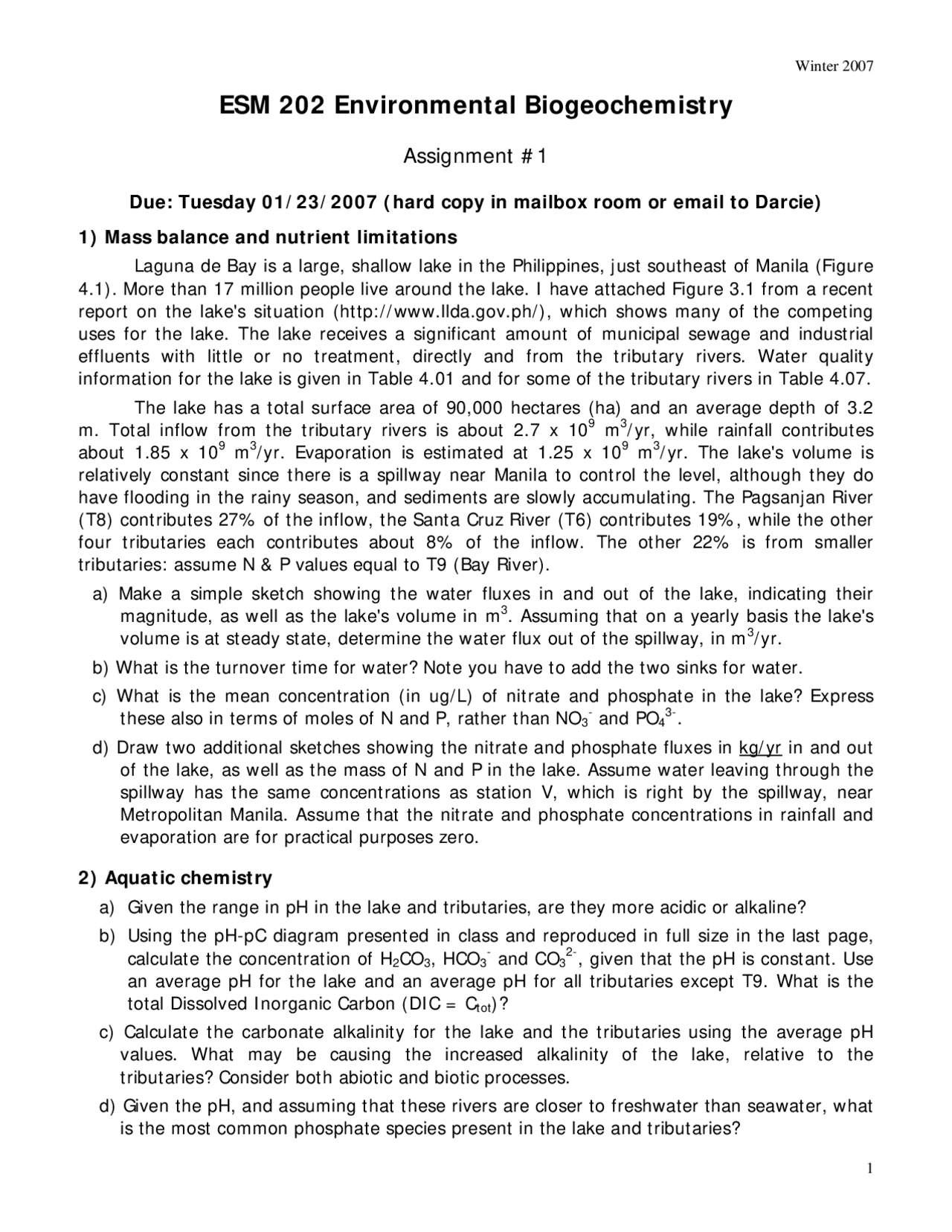 Assignment 1 Environmental Biogeochemistry 2007 Esm 202 Docsity