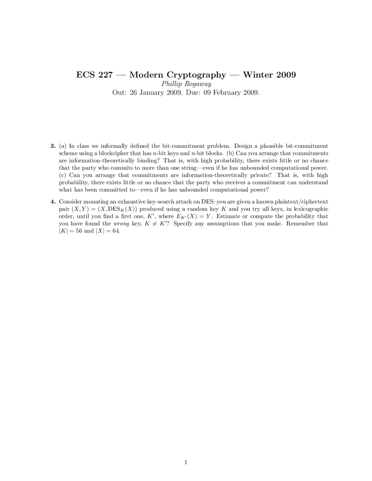 Assignment Questions For Modern Cryptography Fall 2009 Ecs 227 Docsity