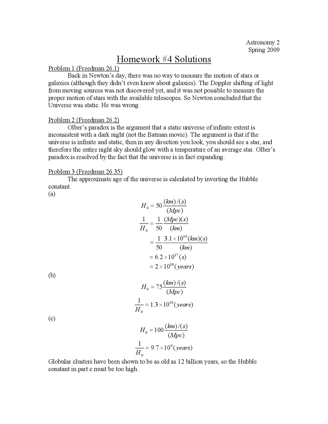 Solutions For Homework 4 History Of Universe Astro 2 Docsity