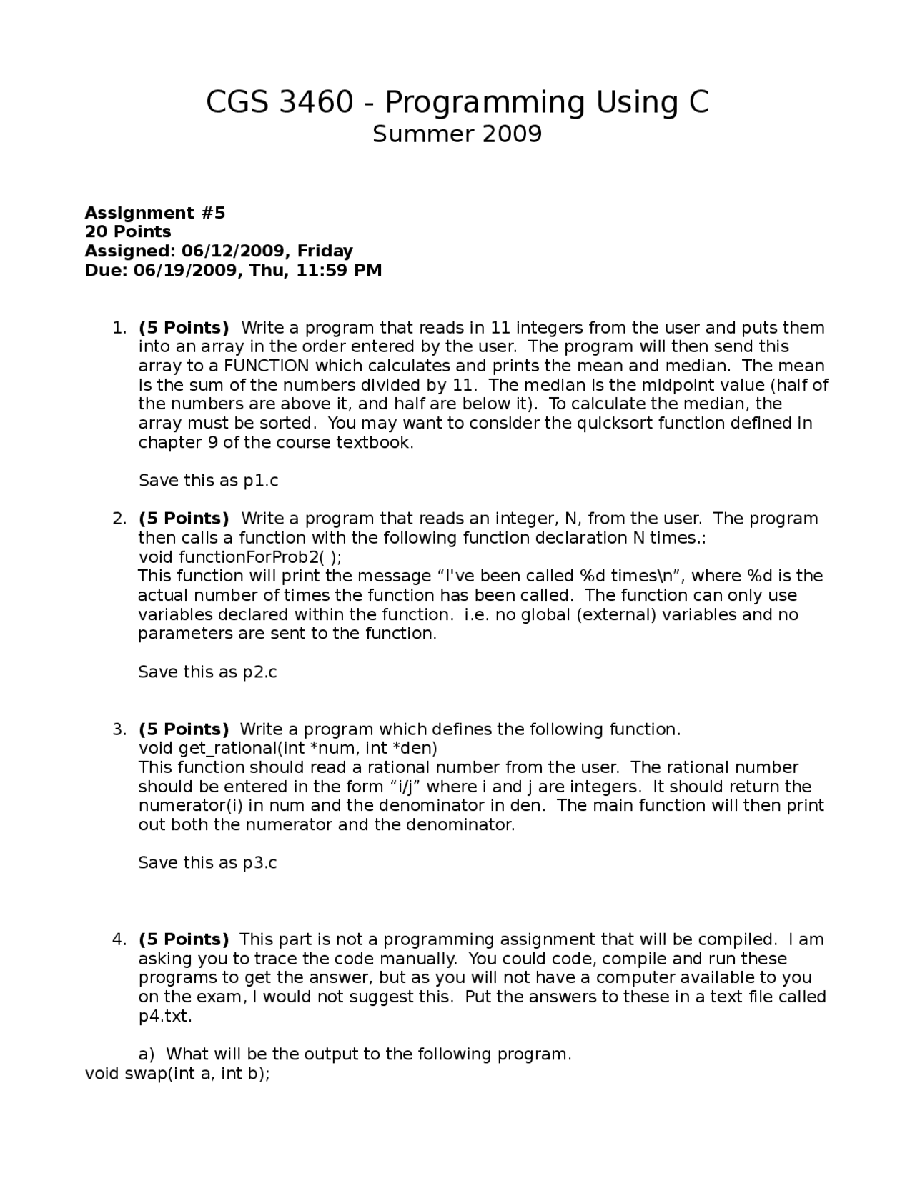 4 Solved Problems For Assignment 5 Programming Using C Cgs 3460 3907