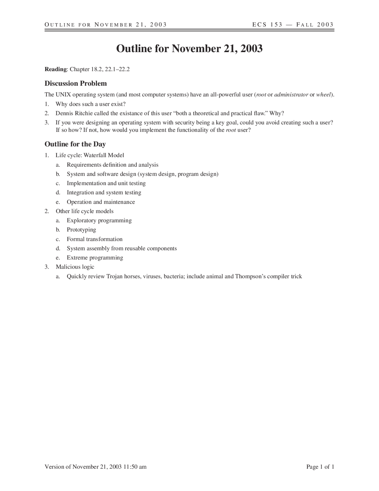 Life Cycle: Waterfall Model - Computer Security | ECS 153 - Docsity