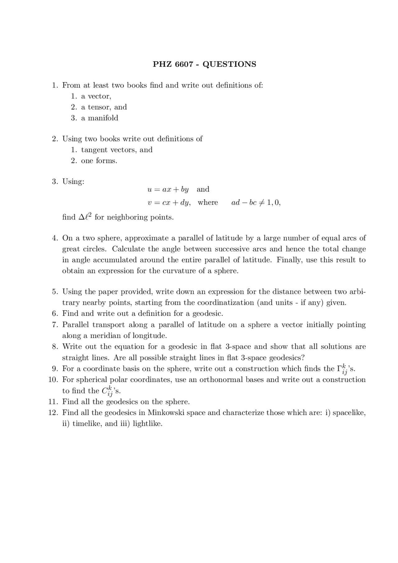 Practice Questions For Special And General Relativity Phz 6607 Docsity
