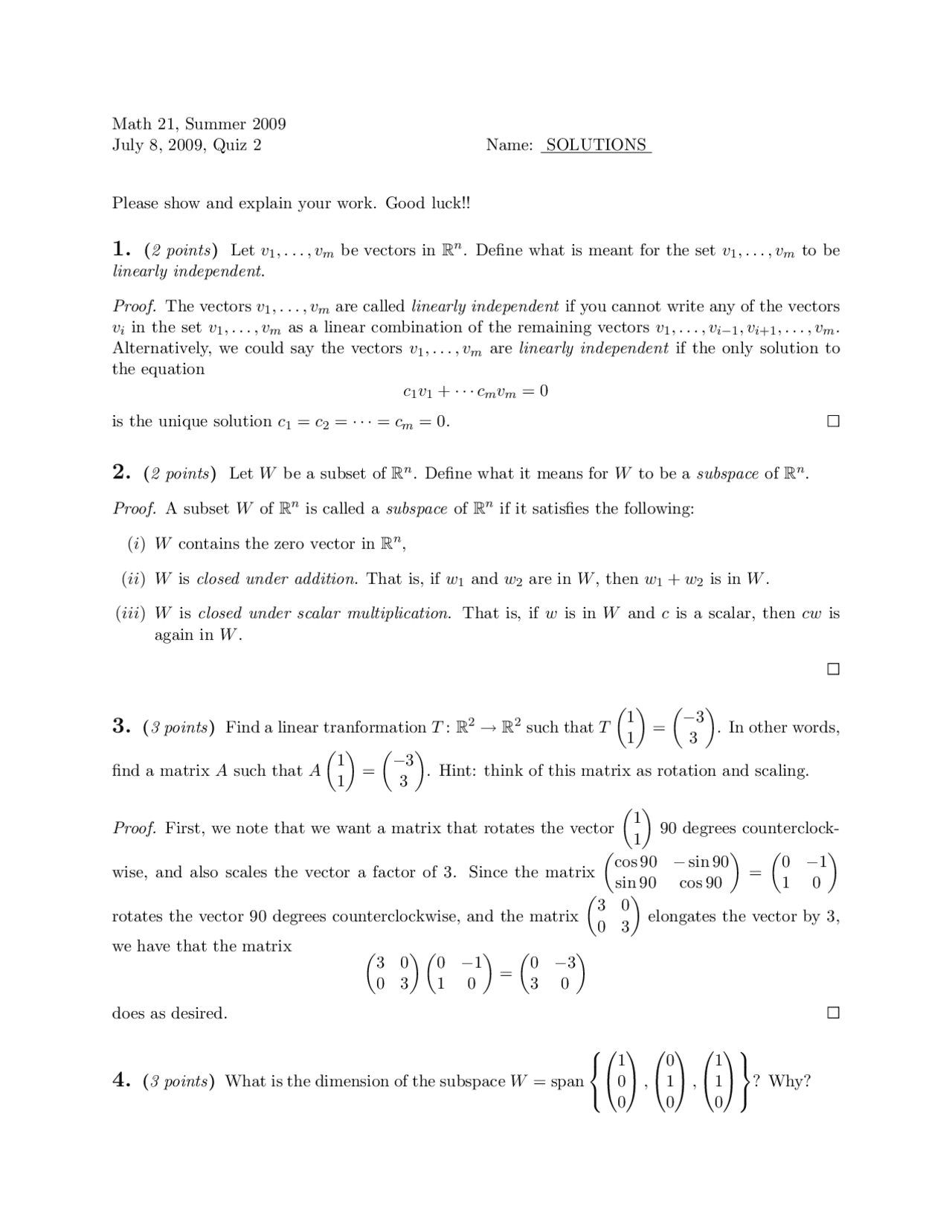 Solutions to Math 21 Quiz 2: Linear Algebra Concepts | Quizzes Linear Algebra | Docsity