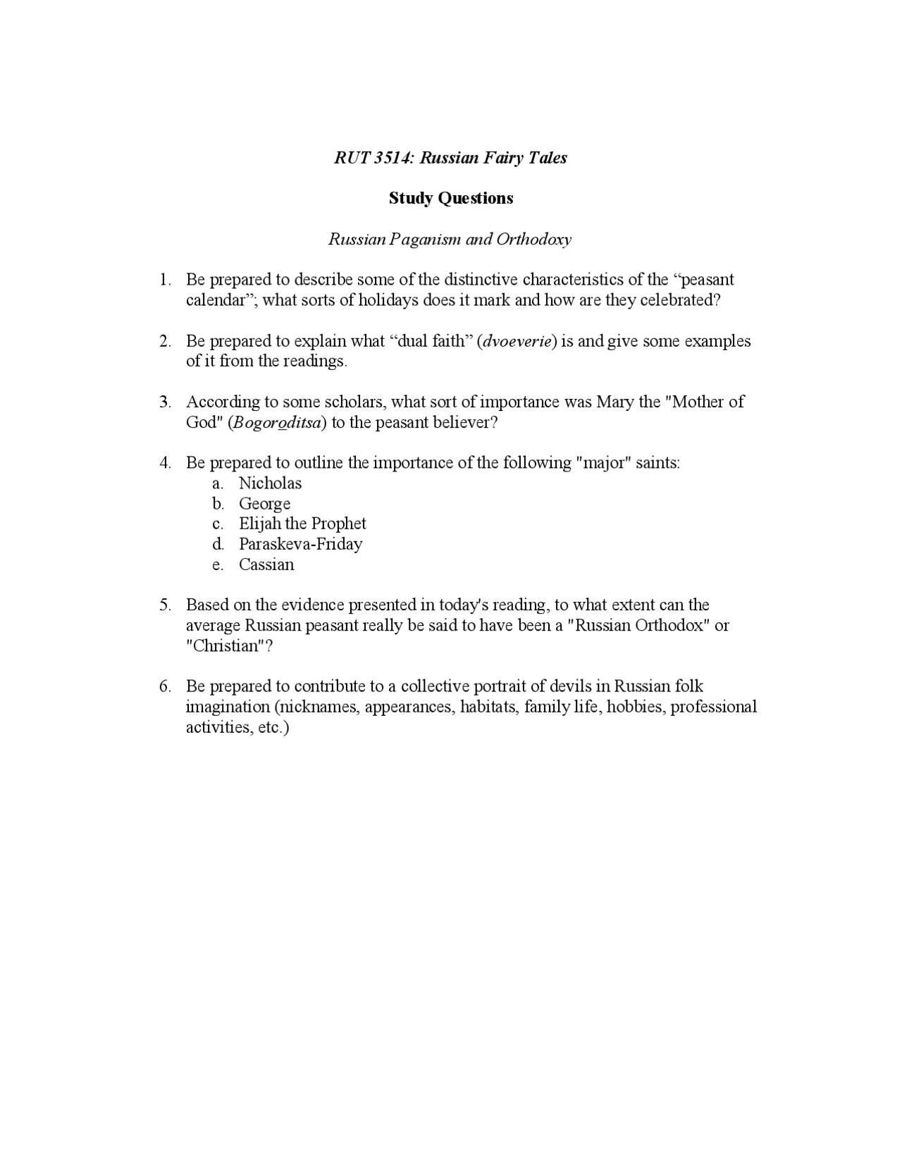 Russian Paganism and Orthodoxy - Russian Fairy Tales | RUT 3514 - Docsity