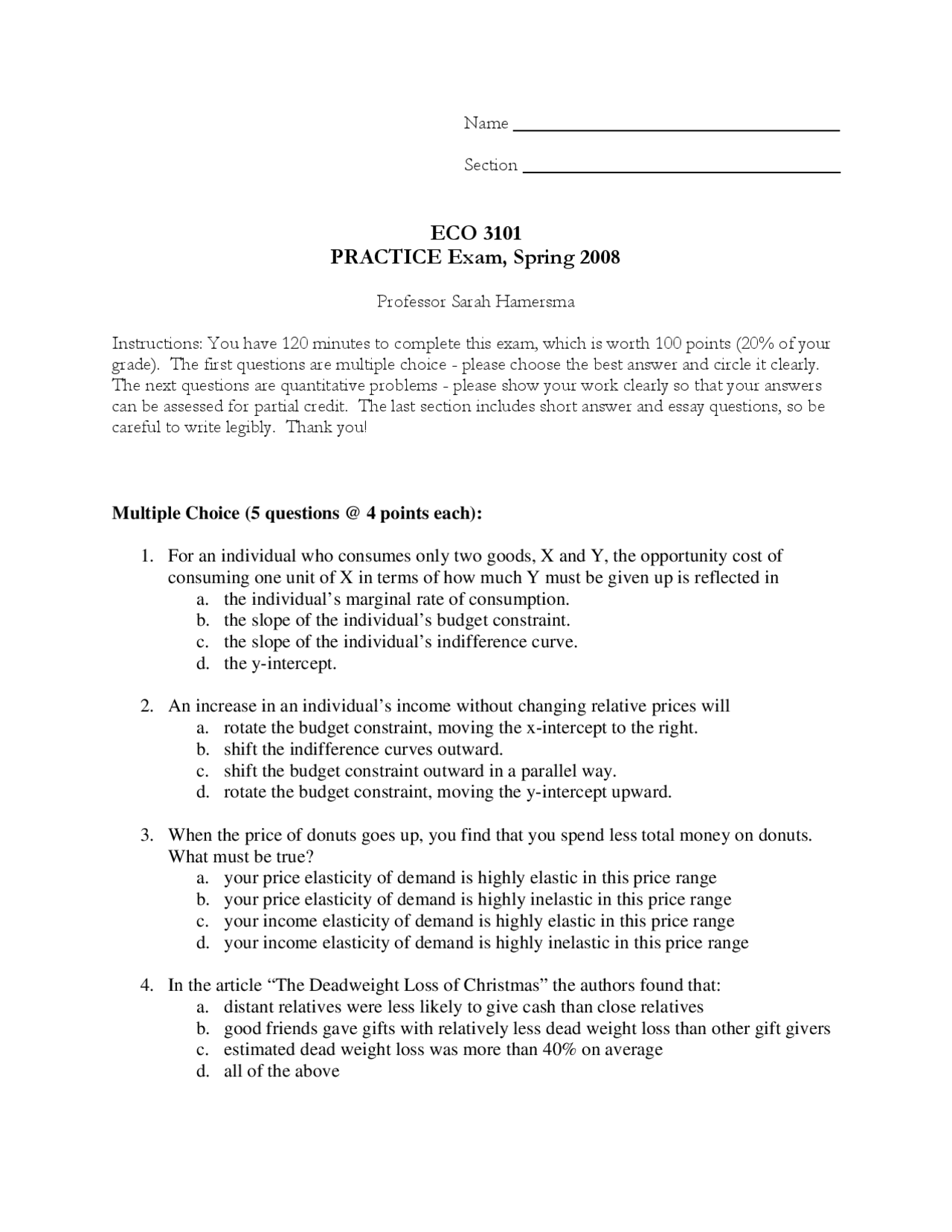Midterm Practice Exam Intermediate Microeconomics Eco 3101 Docsity