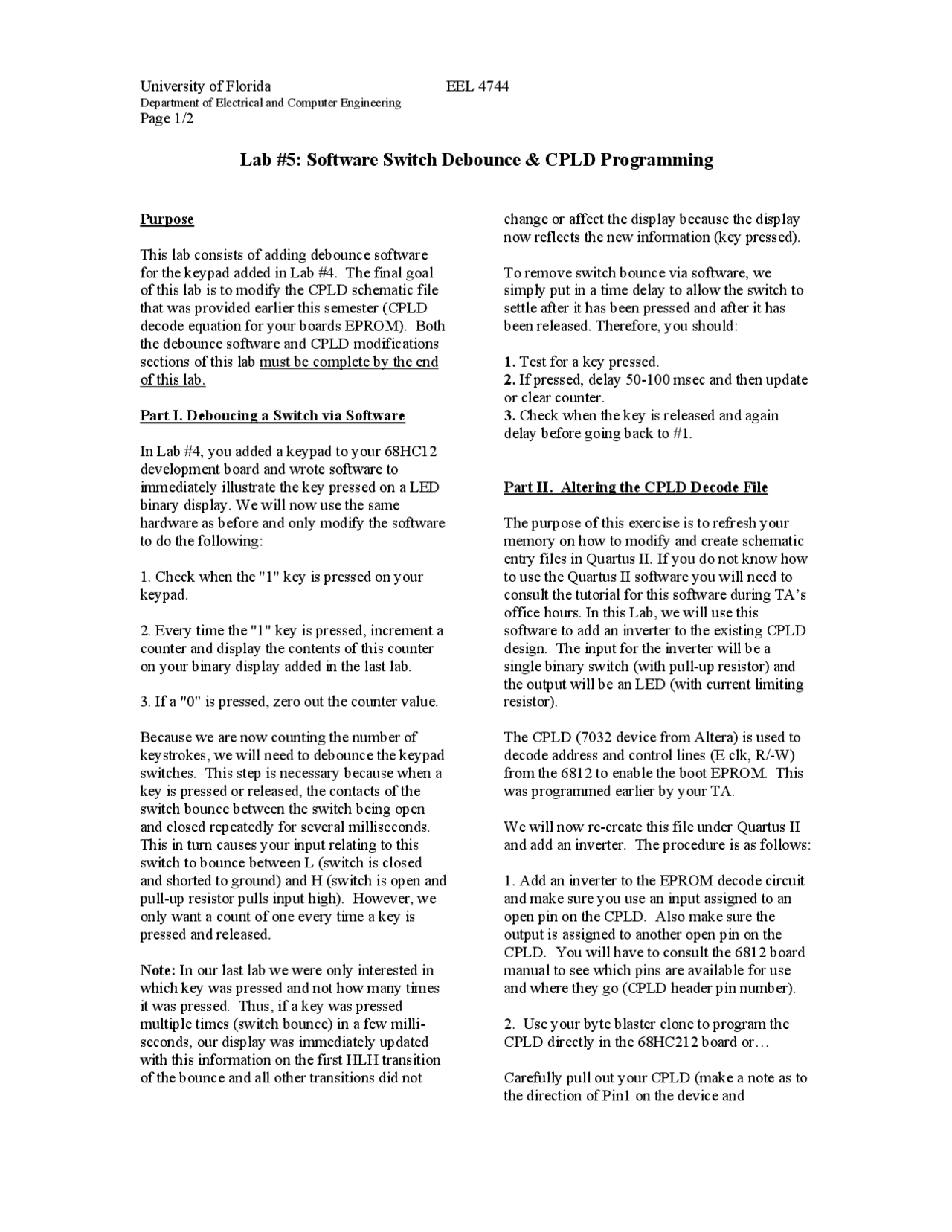 Lab 5: Software Switch Debounce and CPLD Programming | EEL 4744 | Lab Reports Microprocessors ...