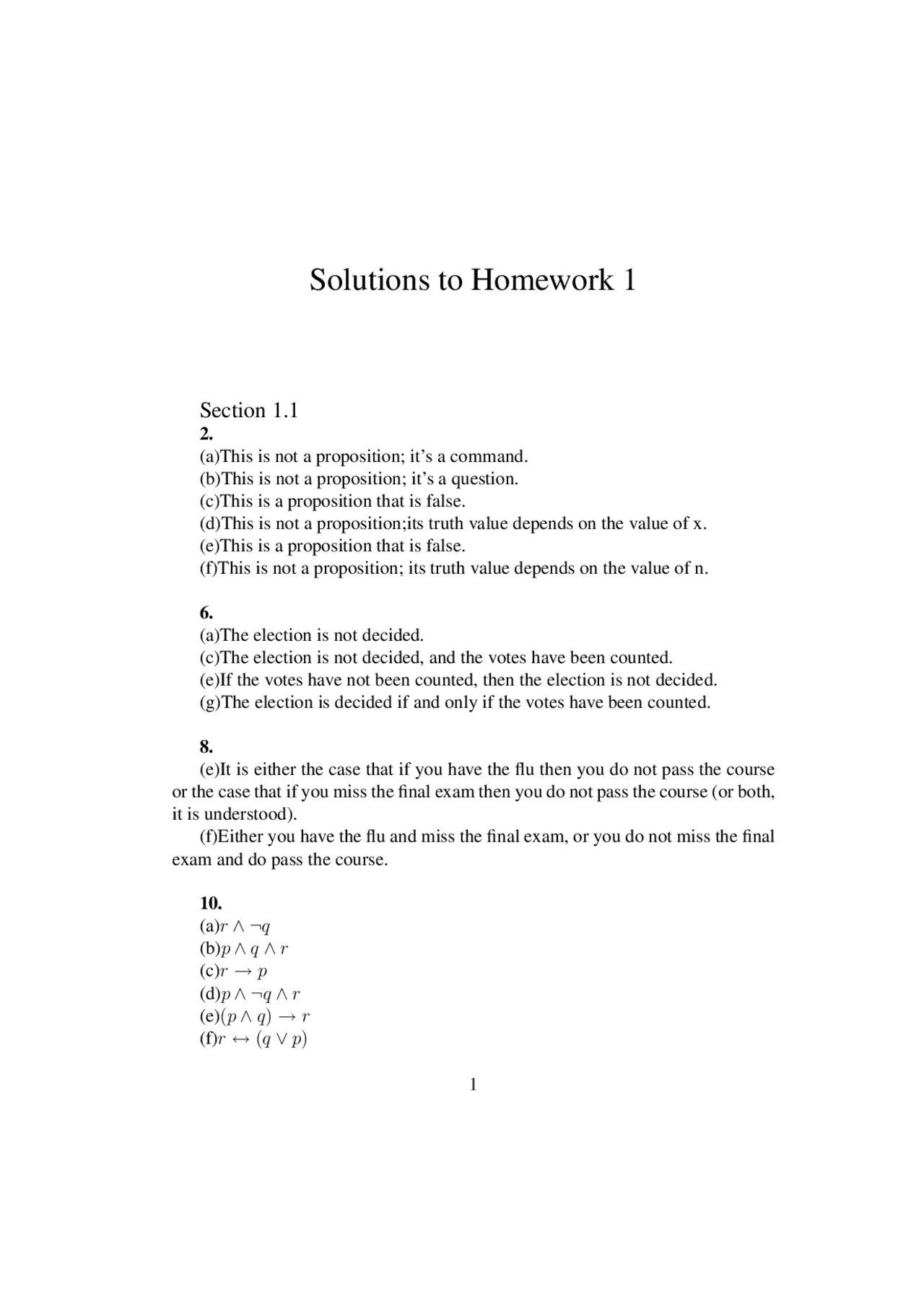 Applications of Discrete Structures - Solutions to Homework 1 | COT 3100 - Docsity