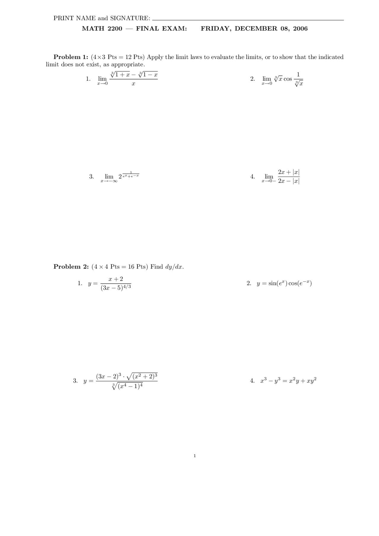Math final exam: limits, Mean Value Theorem, Linear Approximation | MATH 2200 - Docsity