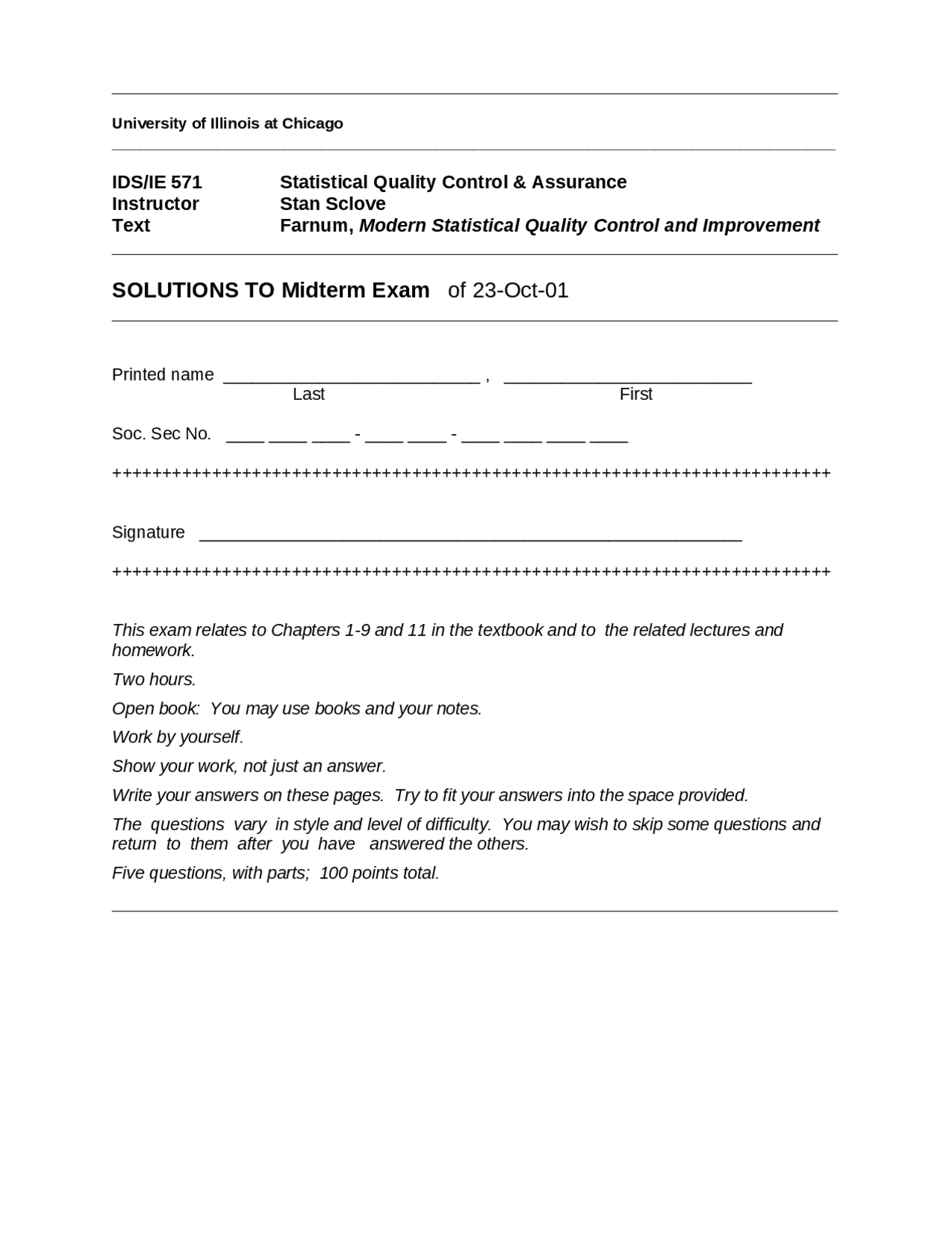 Farnum, Modern Statistical Quality Control and Improvement | IDS 571 - Docsity