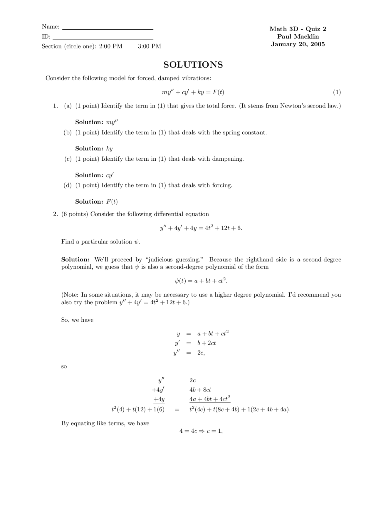 Practice Quiz 2 With Solutions Elementary Differential Equations