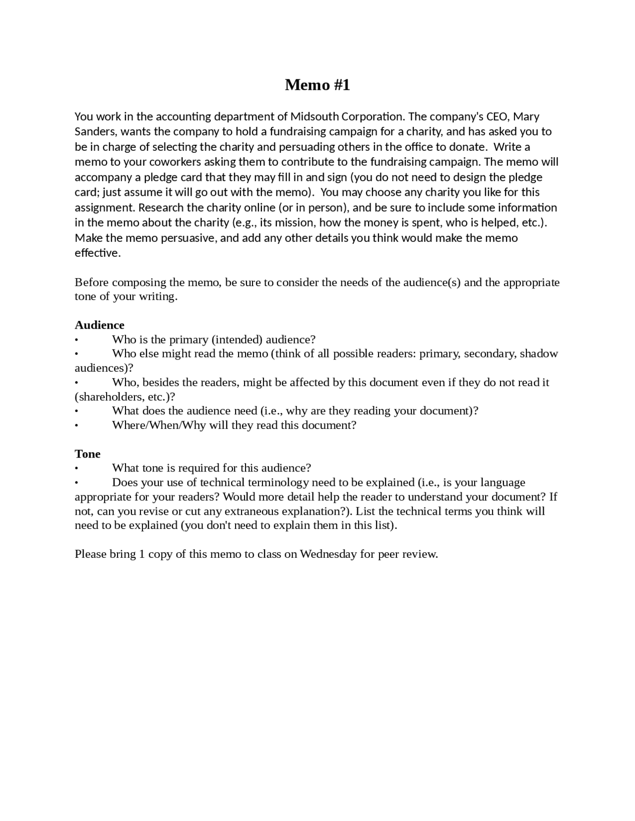 Memo: Charity Fundraising Campaign for Midsouth Corporation | Papers ...