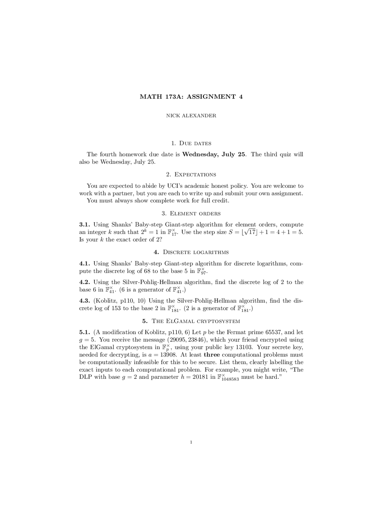 Questions On Introduction Cryptology Assignment 4 Math 173