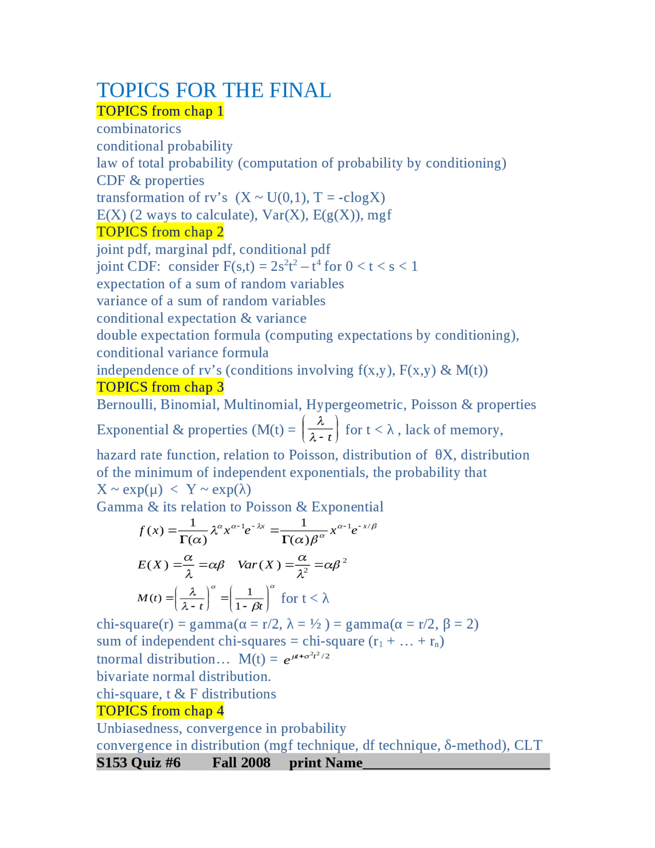 Review Sheet For Mathematical Statistics I 22s 153 Docsity