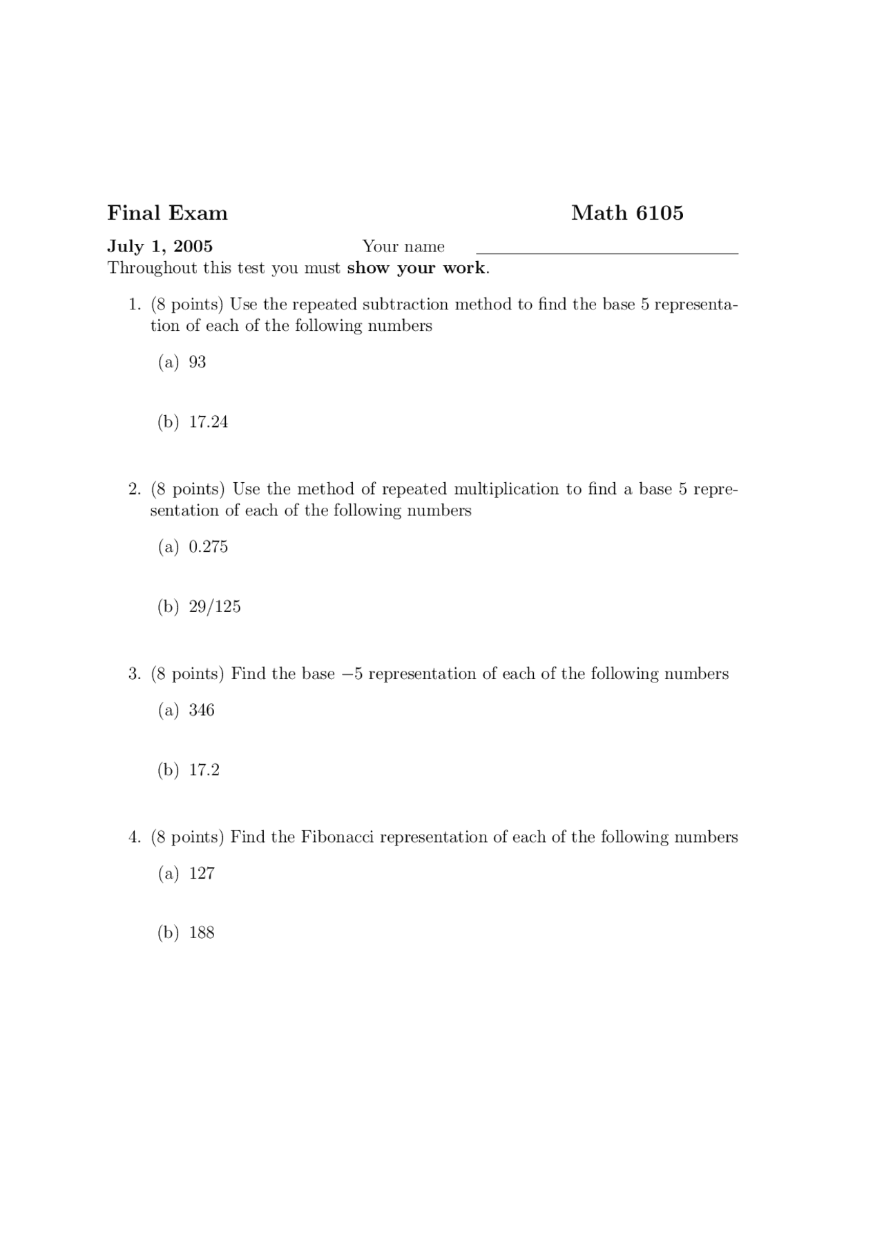 19 Problems On Discrete Mathematics Final Exam Math 6105 Docsity