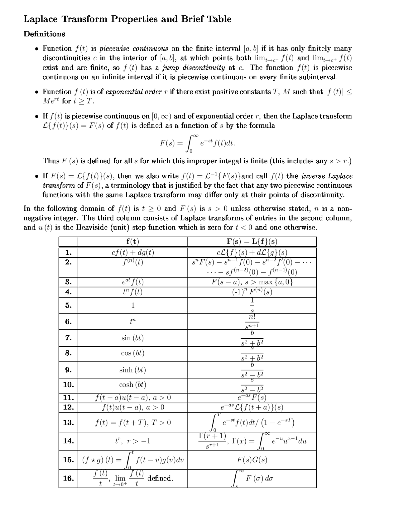 Laplace Transform Properties And Brief Table Math 221 Docsity