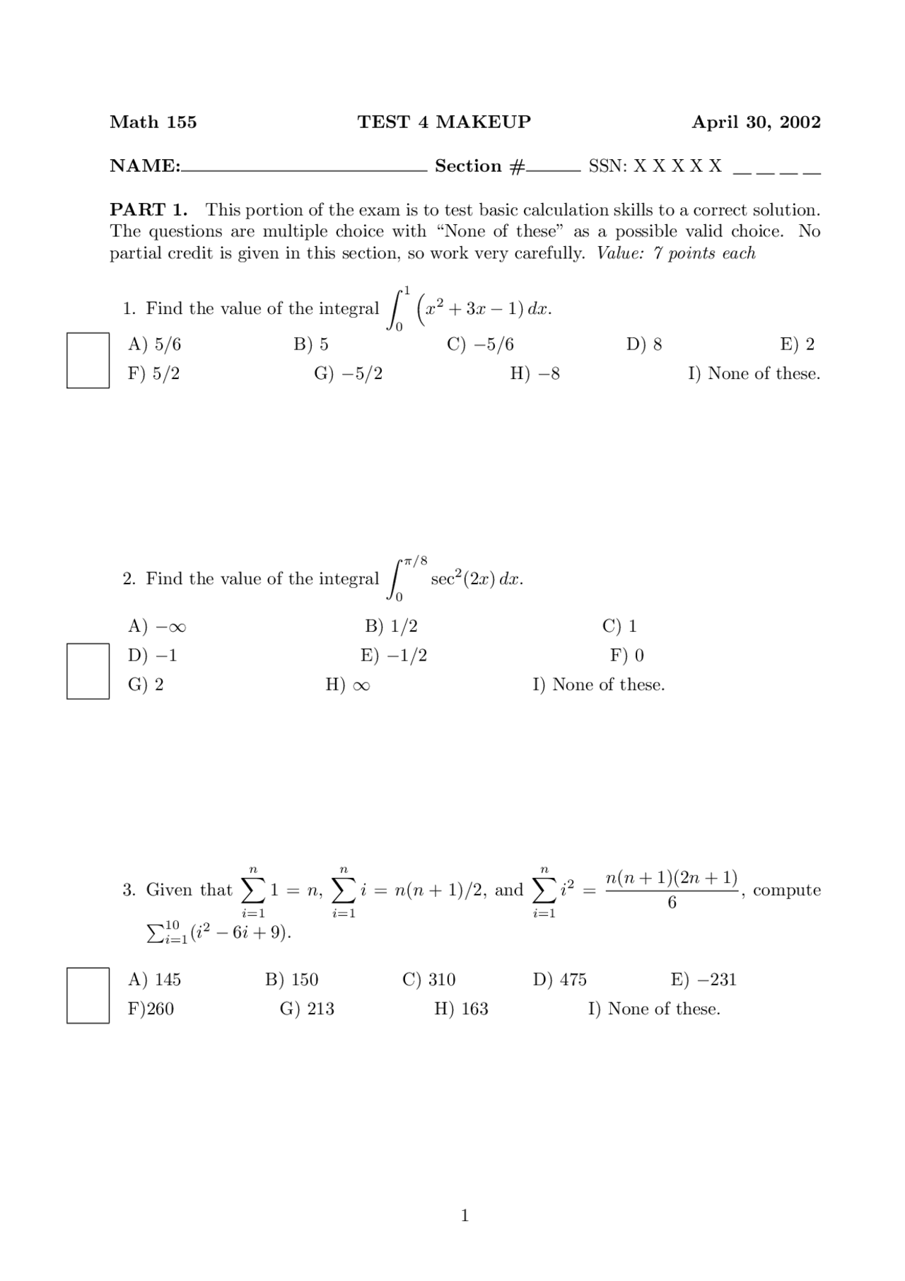 10 Questions For Test 4 Calculus 1 Math 155 Docsity