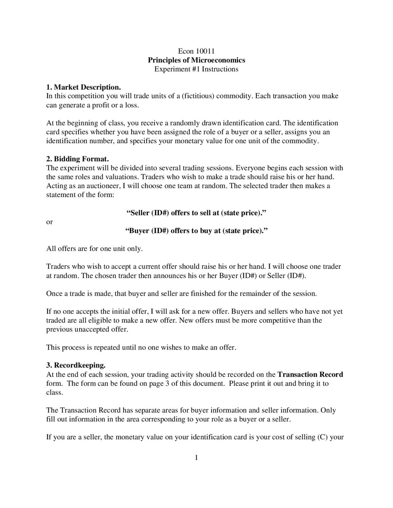 Experiment 1 Instructions Principles Of Microeconomics Econ 10011
