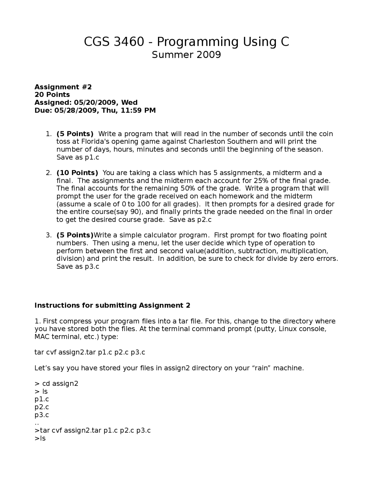 Programming Using C Homework Ii Cgs 3460 Docsity