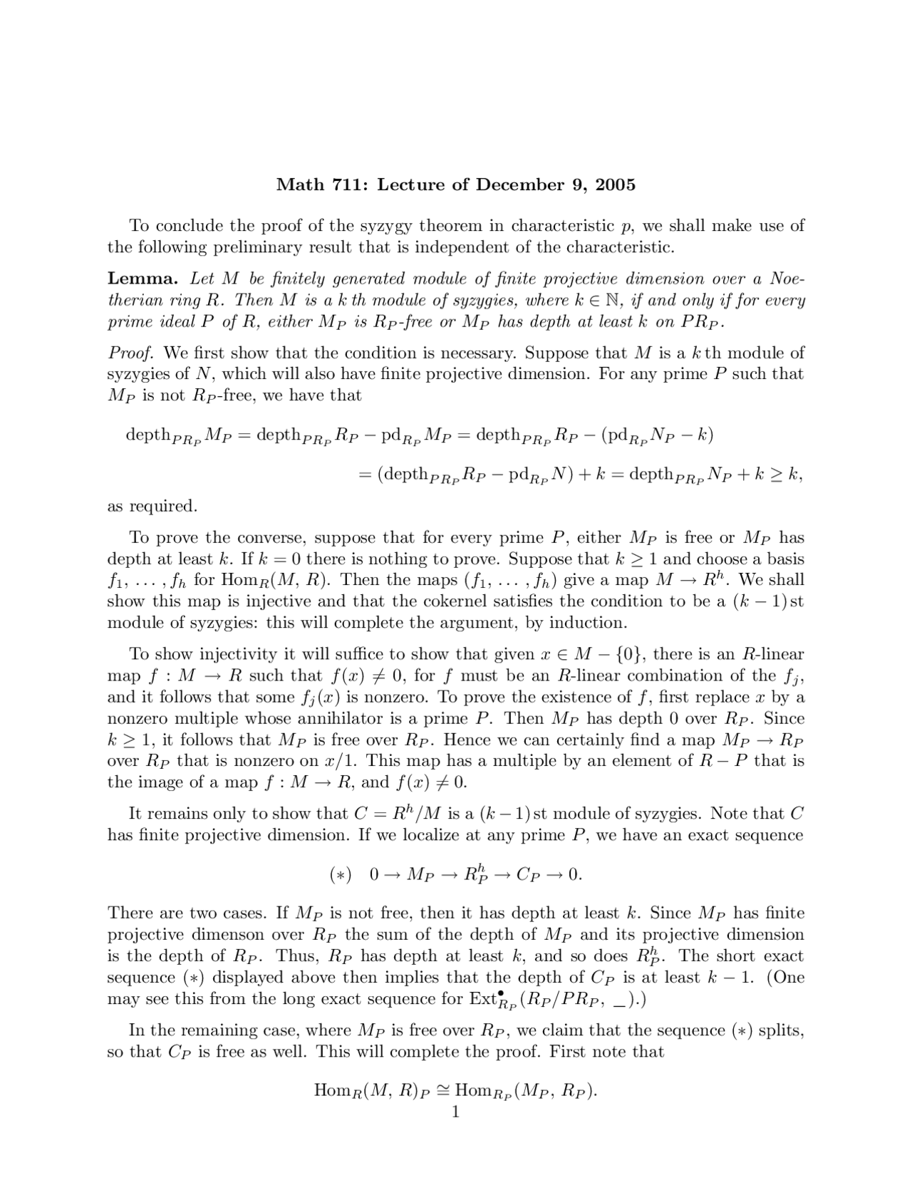 Proof Of The Syzygy Theorem Advanced Algebra Math 711 Docsity