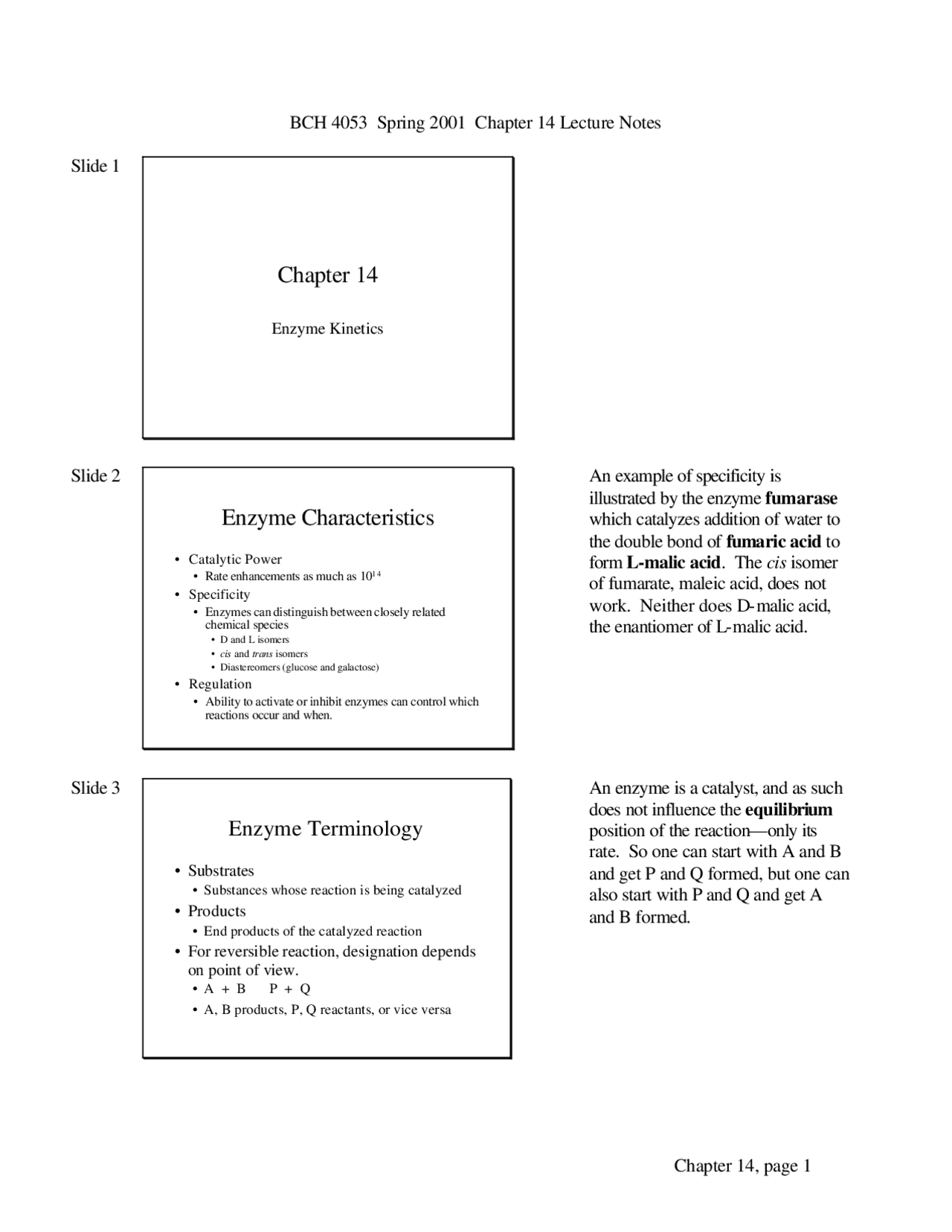 Notes On Enzyme Kinetics General Biochemistry Ii Spring 2001 Bch