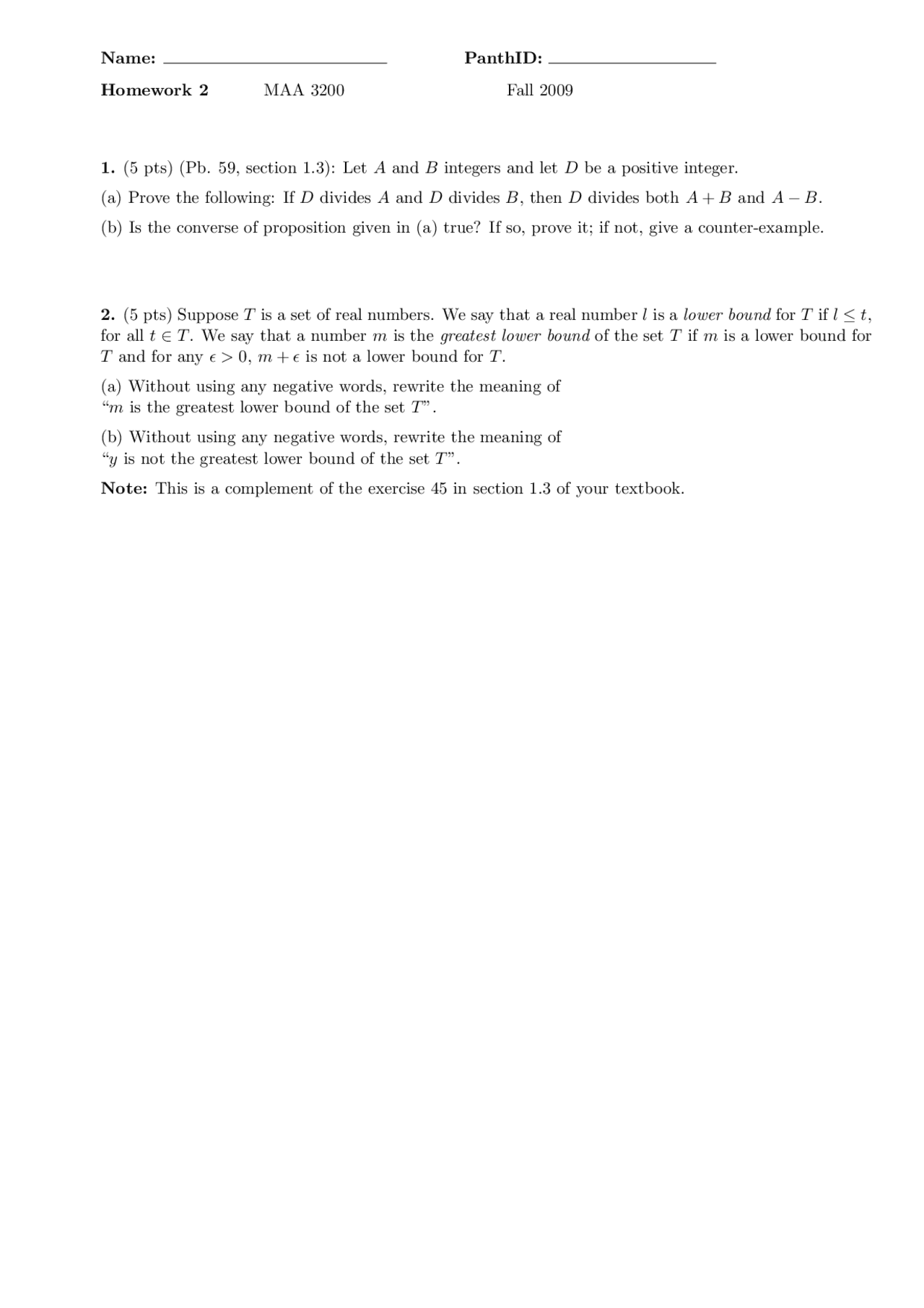 Homework 2 Introduction To Advanced Mathematics Maa 3200 Docsity