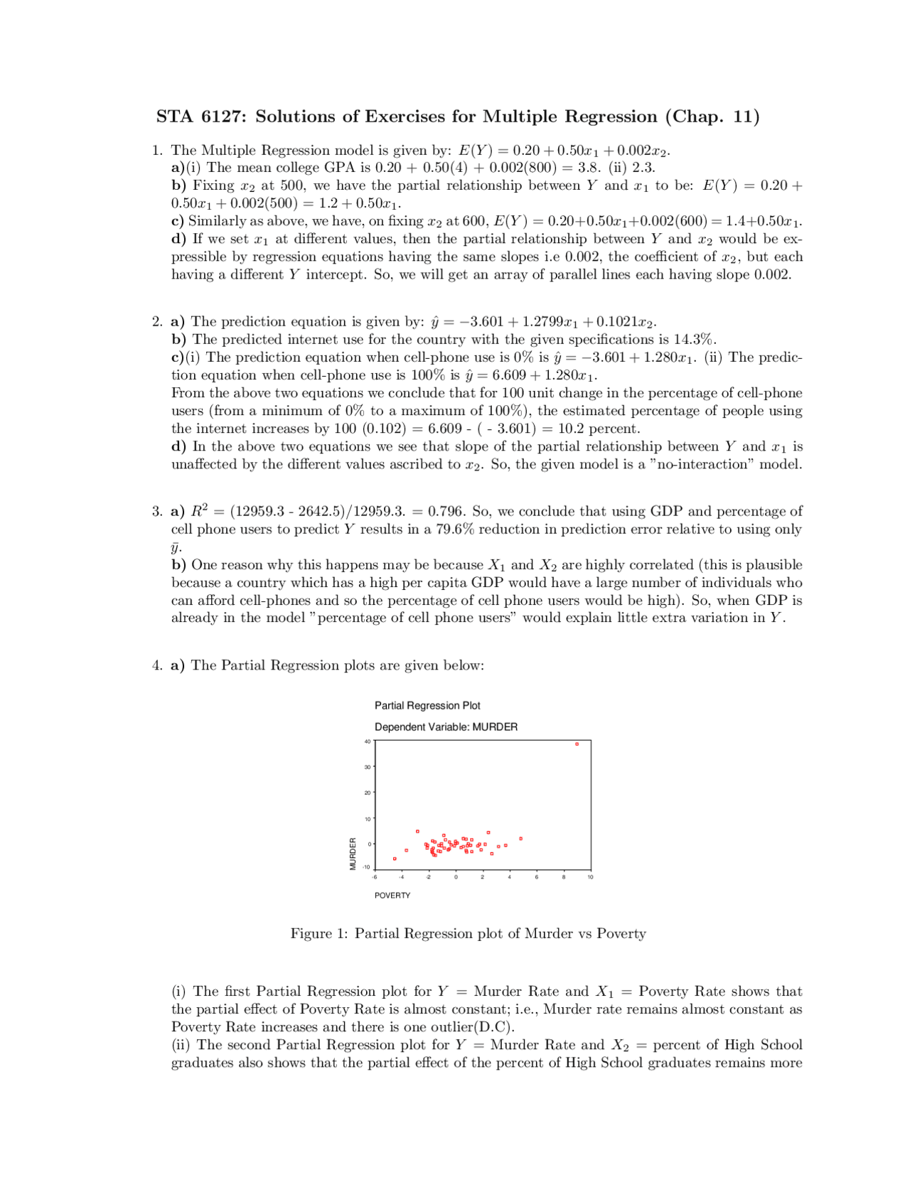 Solutions Of Exercises For Multiple Regression Sta 6127 Docsity