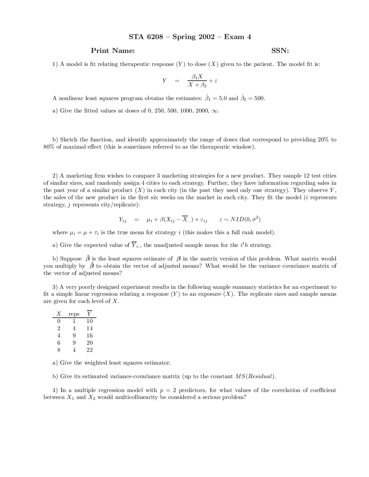 Exam 4 - Basic Design Analysis and Experience - Spring 2002 | STA 6208 - Docsity