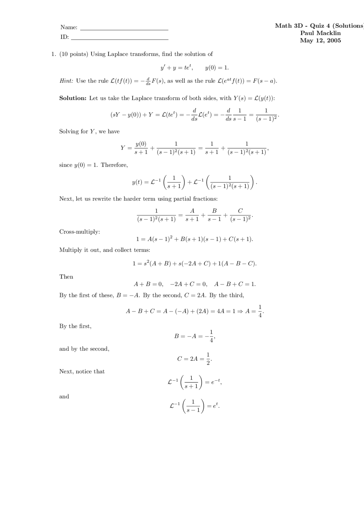 Quiz 4 Solved Questions Elementary Differential Equations Math 3