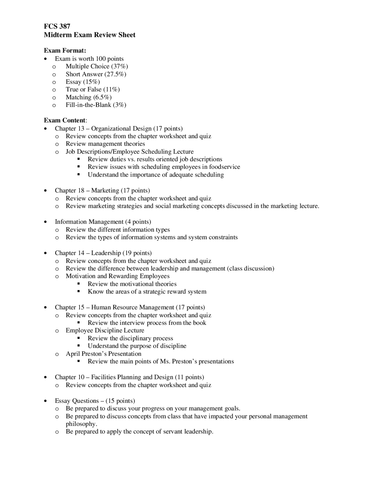 Midterm Exam Review Sheet - Food Systems Management | FCS 387 - Docsity