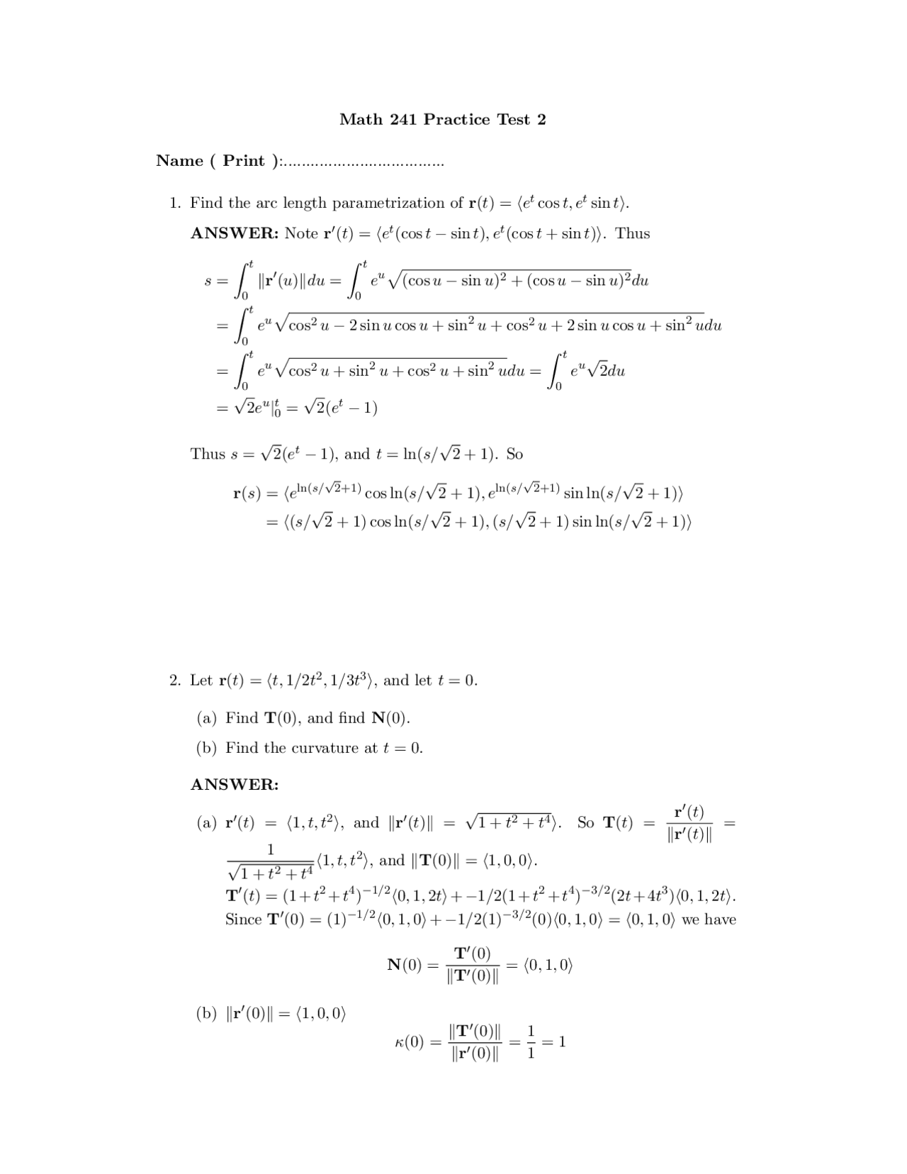 Questions With Answer Practice Test 2 Vector Calculus Math 241
