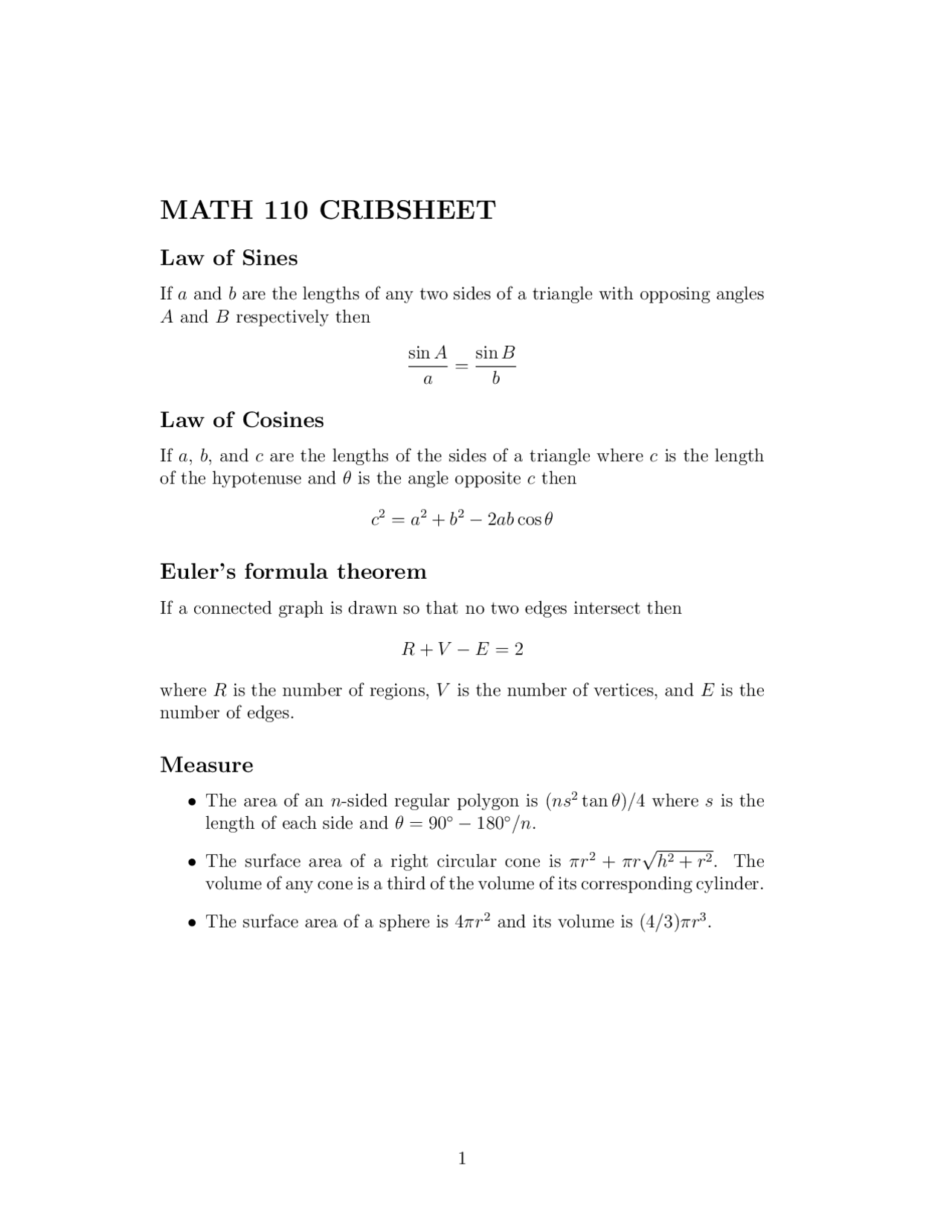 Law Of The Sines And The Cosines Crib Sheet Math 110 Docsity