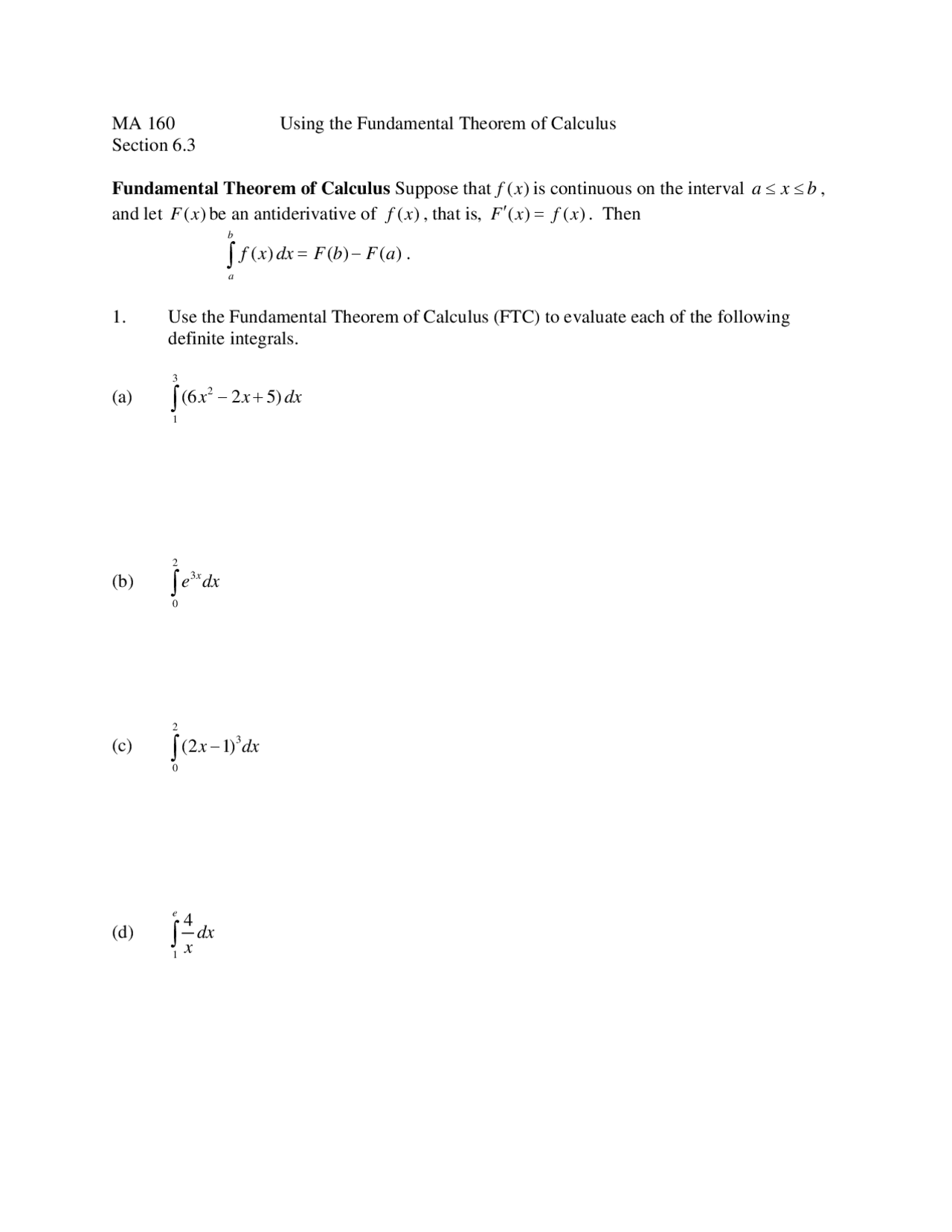 Using The Fundamental Theorem Of Calculus Assignment Ma 160 Docsity