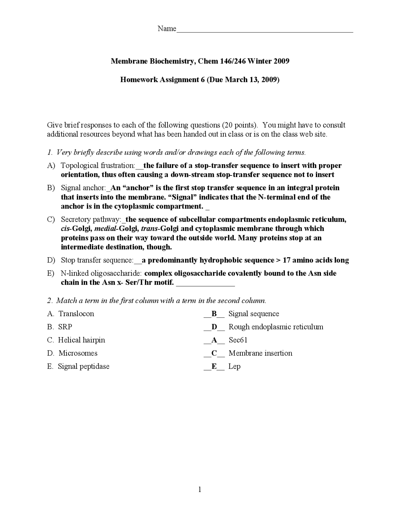 Homework Assignment 6 For Membrane Biochemistry Chem 146 Docsity
