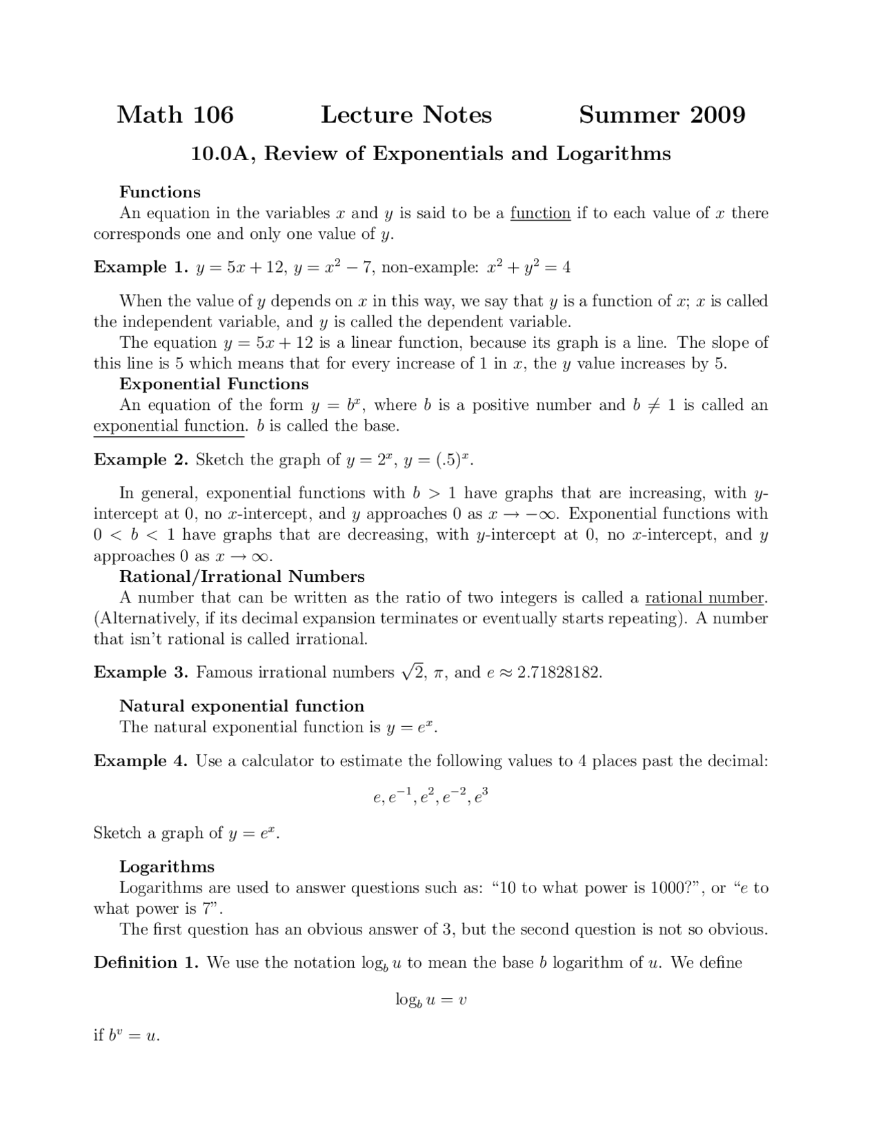 Exponentials And Logarithms In Mathematics Ii To Iv Lecture Notes